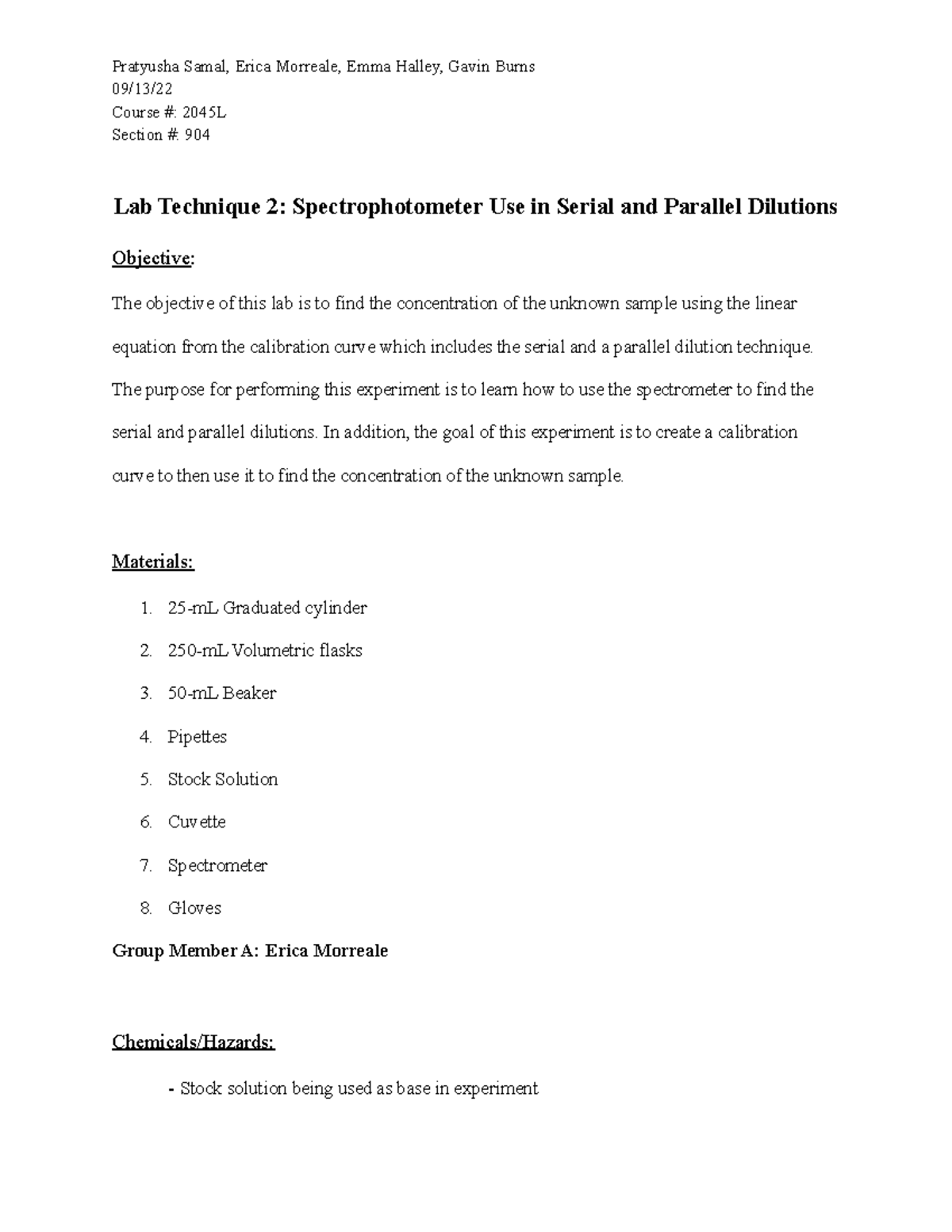Lab Technique 2 - Lab 2 pre-lab - Pratyusha Samal, Erica Morreale, Emma Halley, Gavin Burns 09 ...