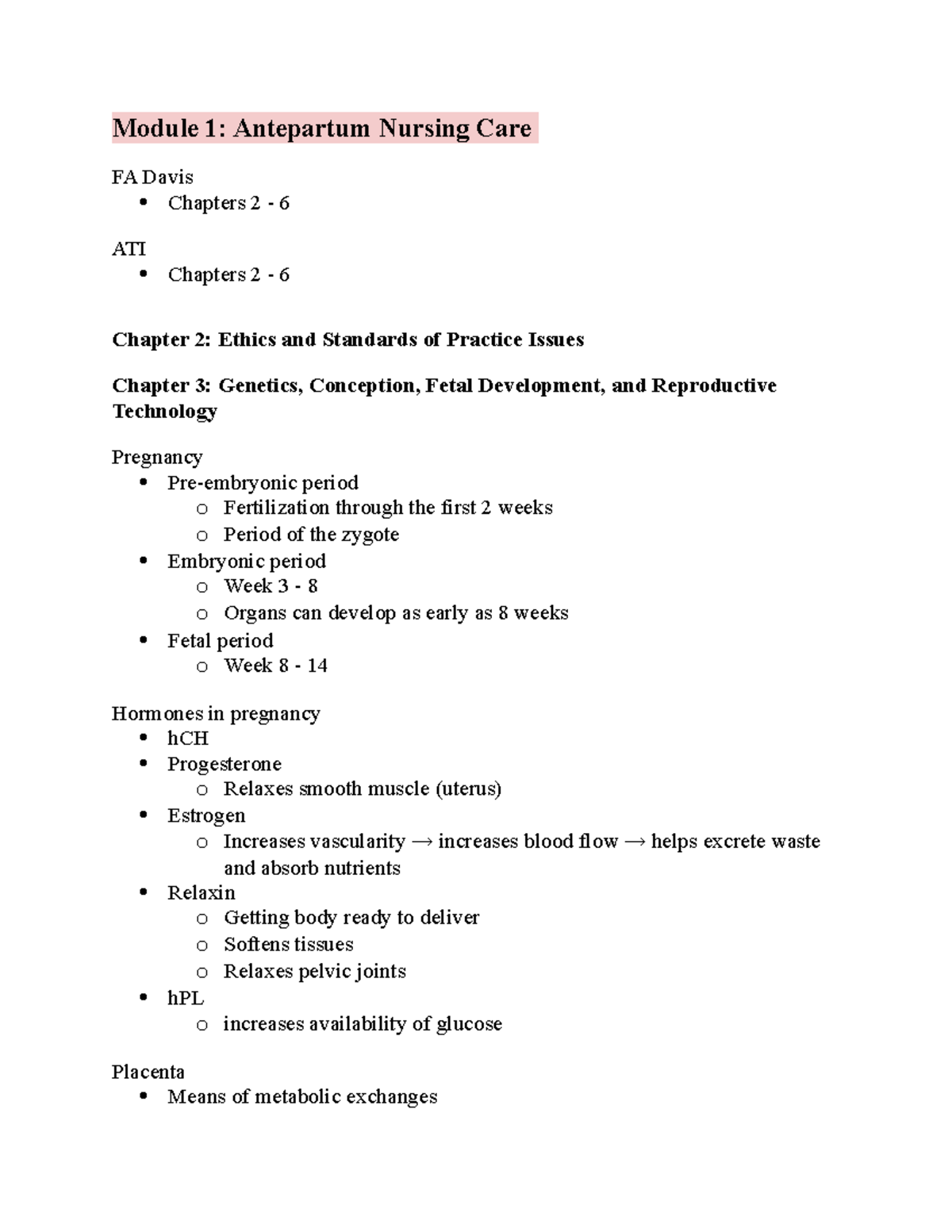 Peds 4 - lecture notes - Module 1: Antepartum Nursing Care FA Davis ...