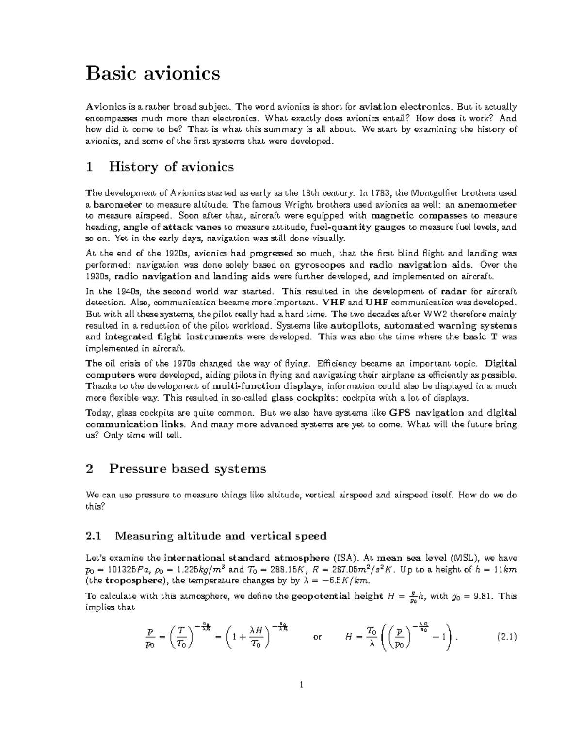 Summary - lecture - basic avionics - Basic avionics Avionics is a ...