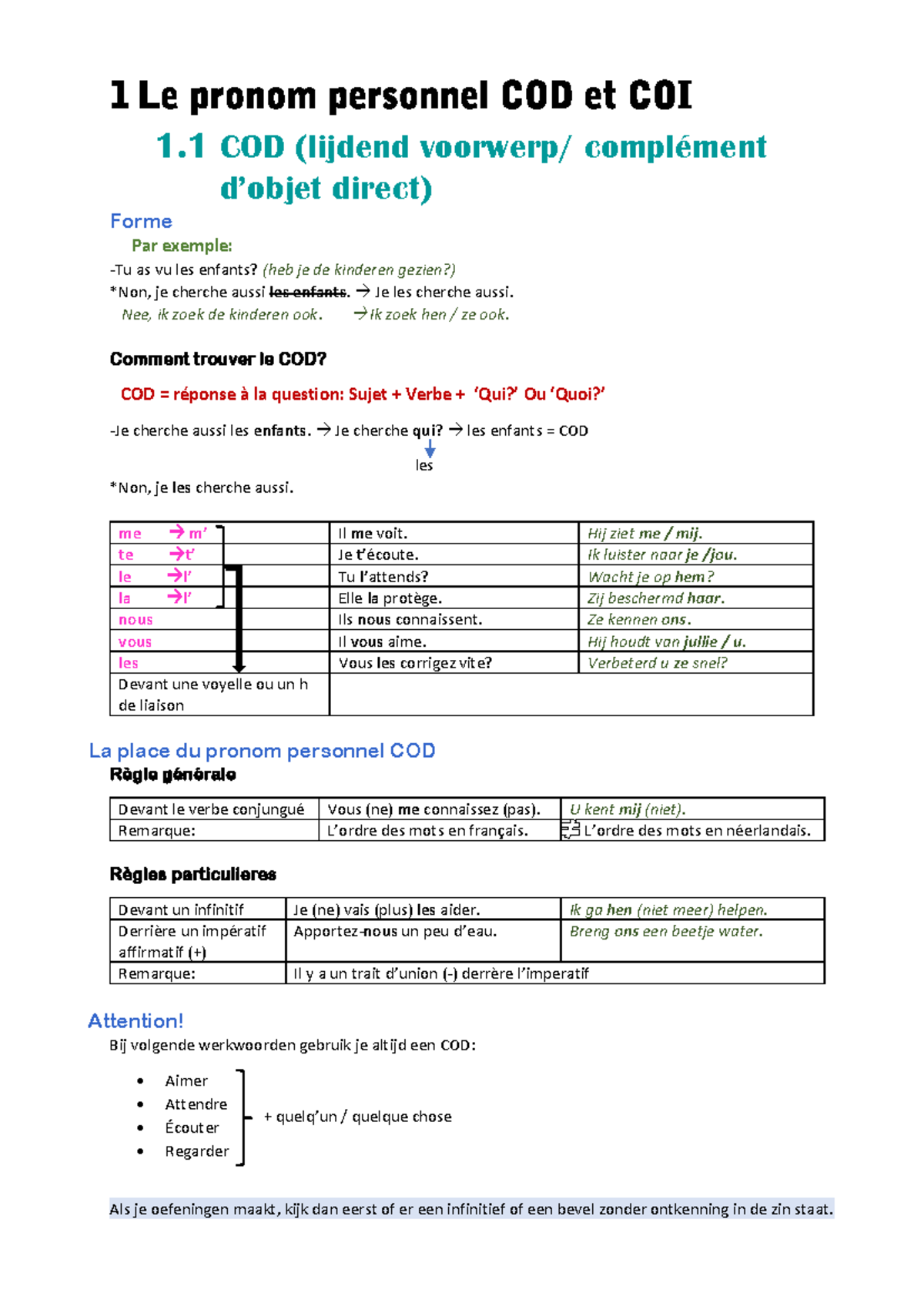 Le pronom personnel COD et COI - 1 COD (lijdend voorwerp/ complément d ...