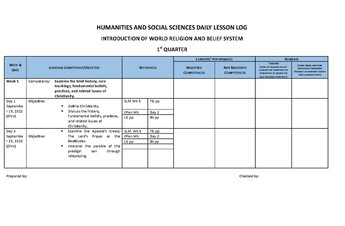 Introduction to World Religions and Beliefs Systems- Daily Lesson Log ...