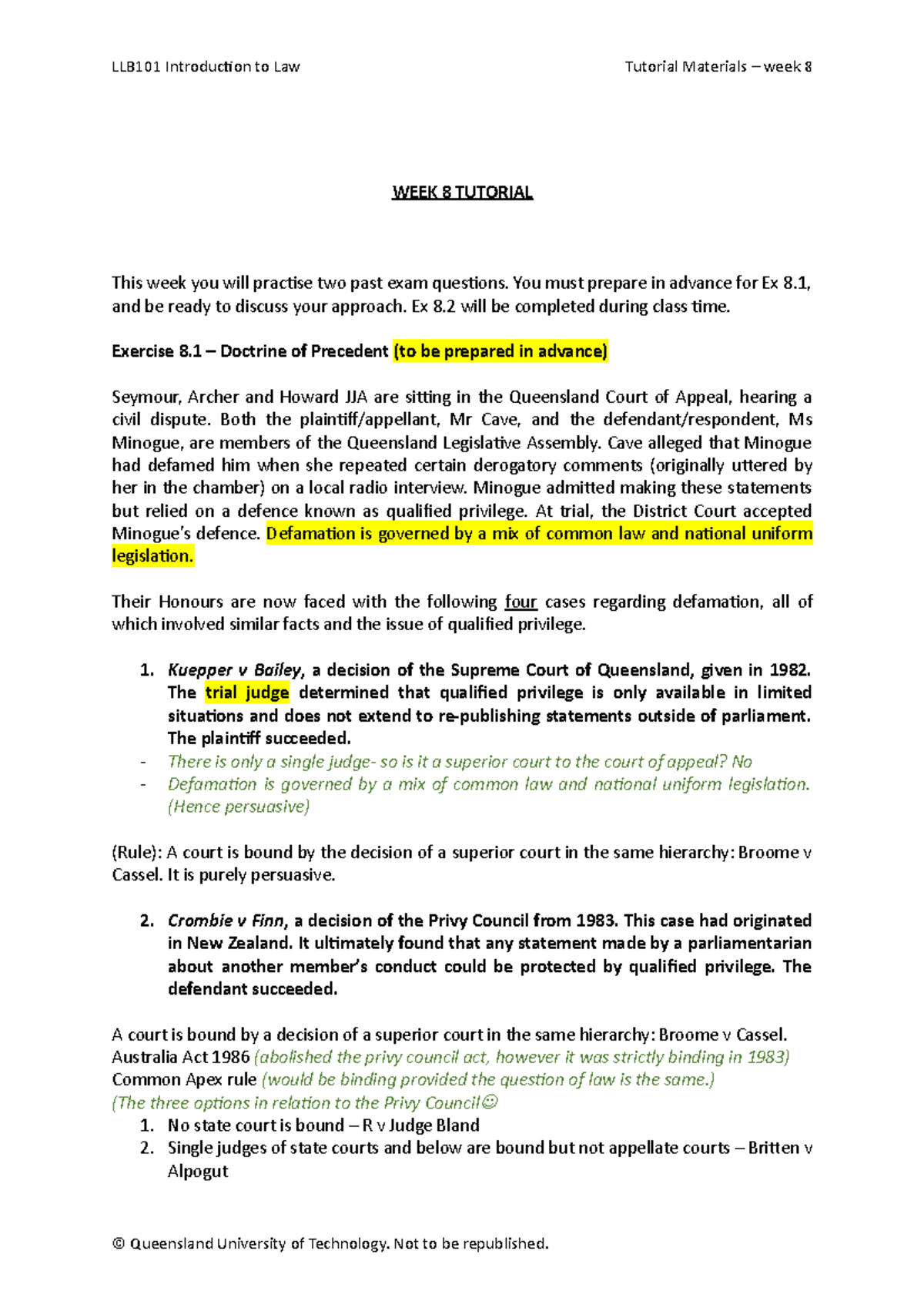 Week 8 Tutorial Llb101 Introduction To Law Tutorial Materials Week 8 Week 8 Tutorial This