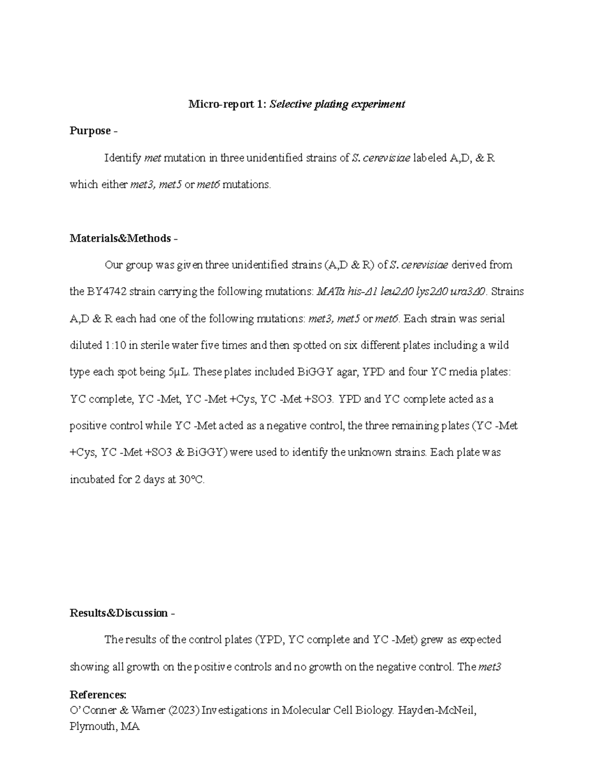 lab report 1: SP - Micro-report 1: Selective plating experiment Purpose ...