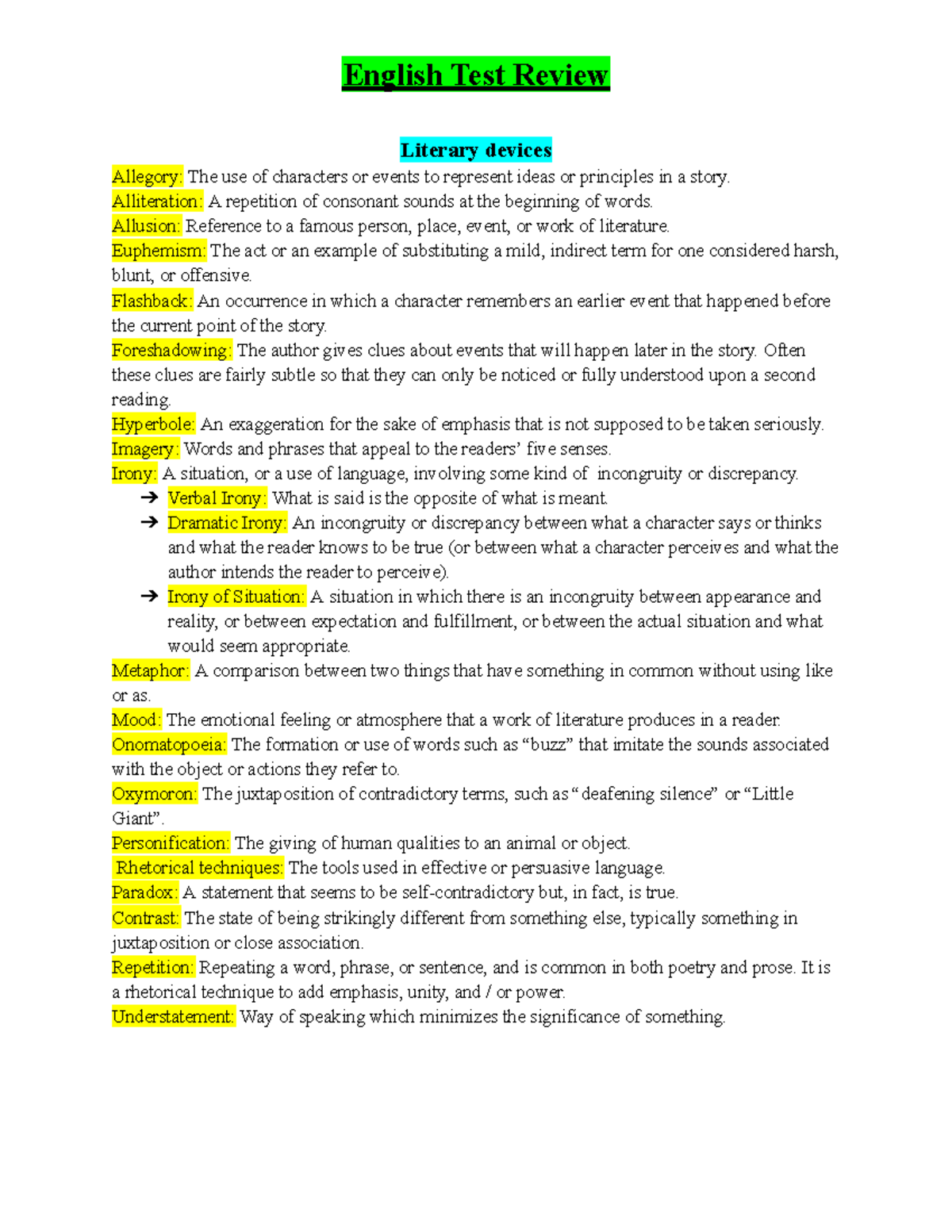 English test review - material summary - English Test Review Literary ...