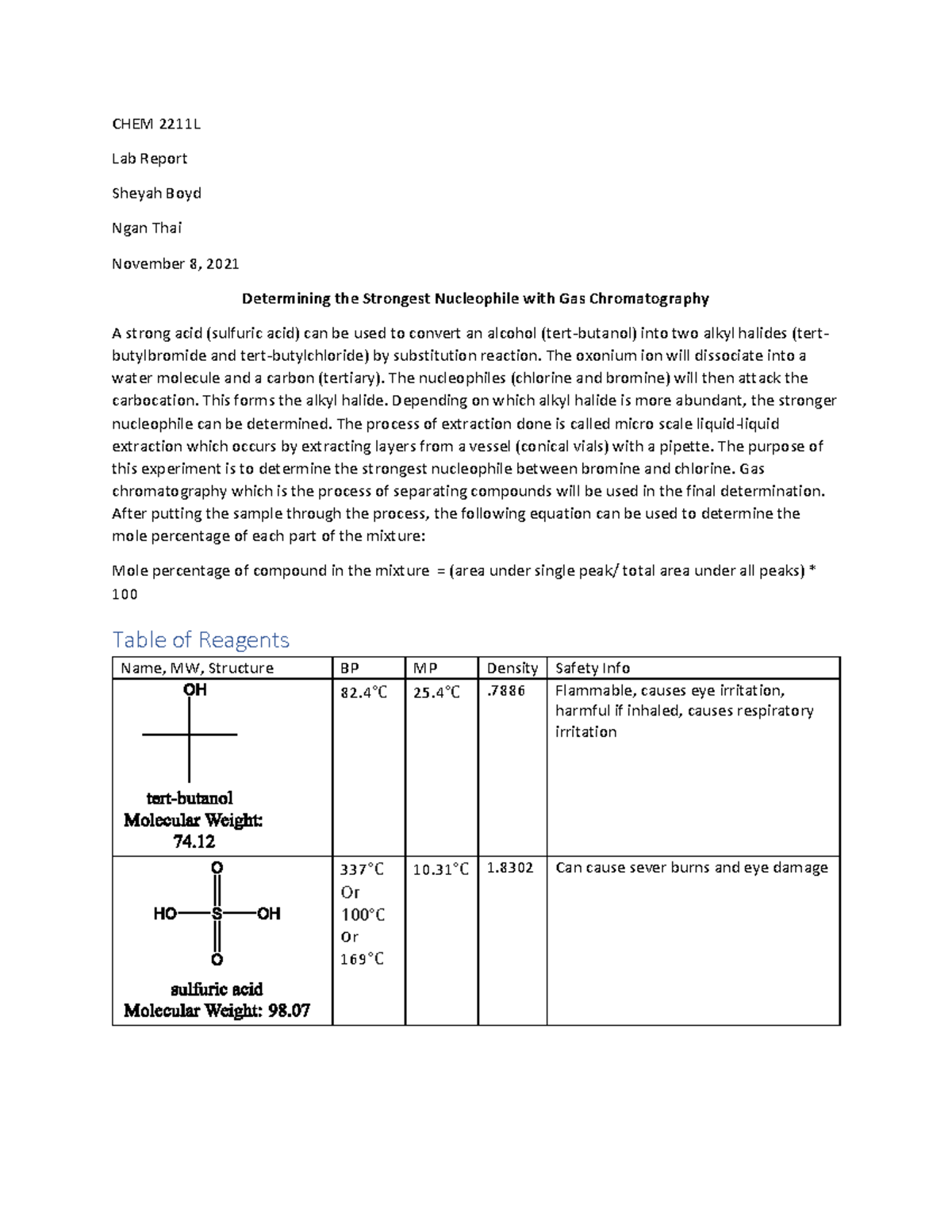 Gas Chromatography Lab - CHEM 2211L Lab Report Sheyah Boyd Ngan Thai ...