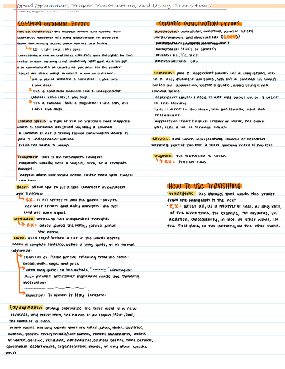 Good Grammar, Proper Punctuation, and Using Transitions notes - ENG101 ...