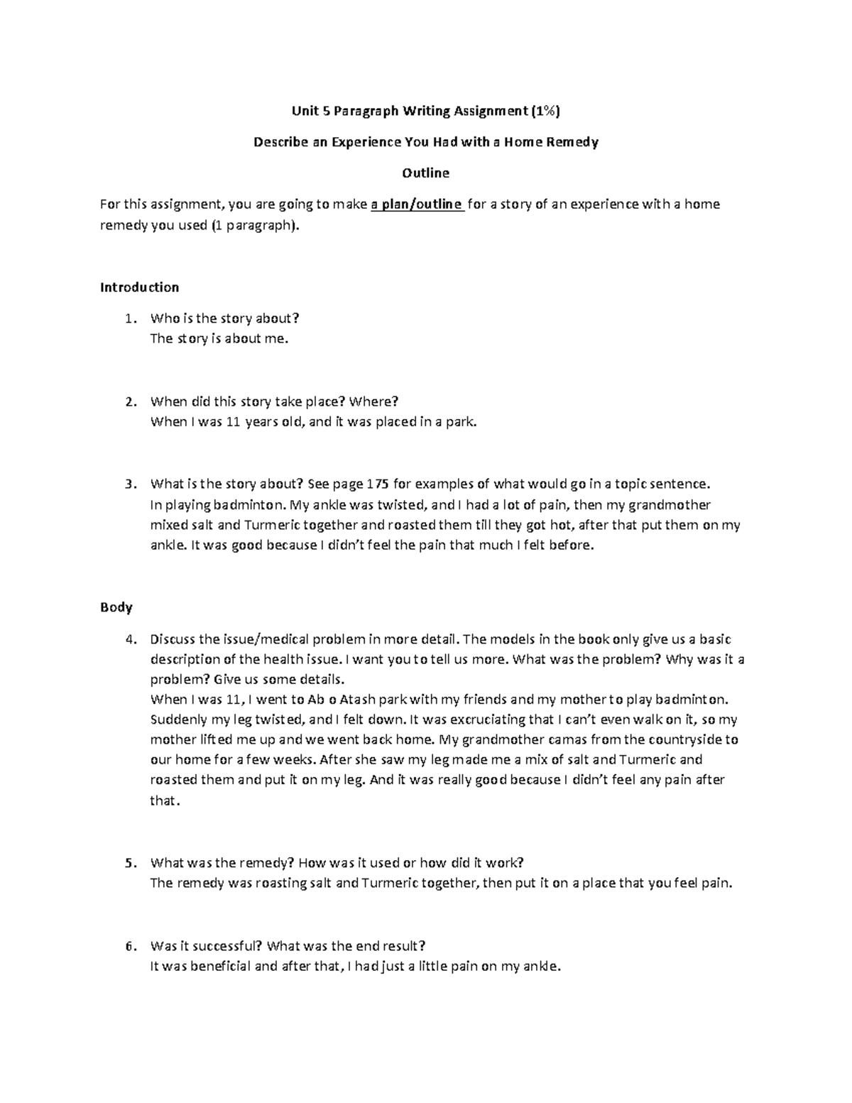 Unit 7 - writing outline document - Unit 5 Paragraph Writing Assignment ...