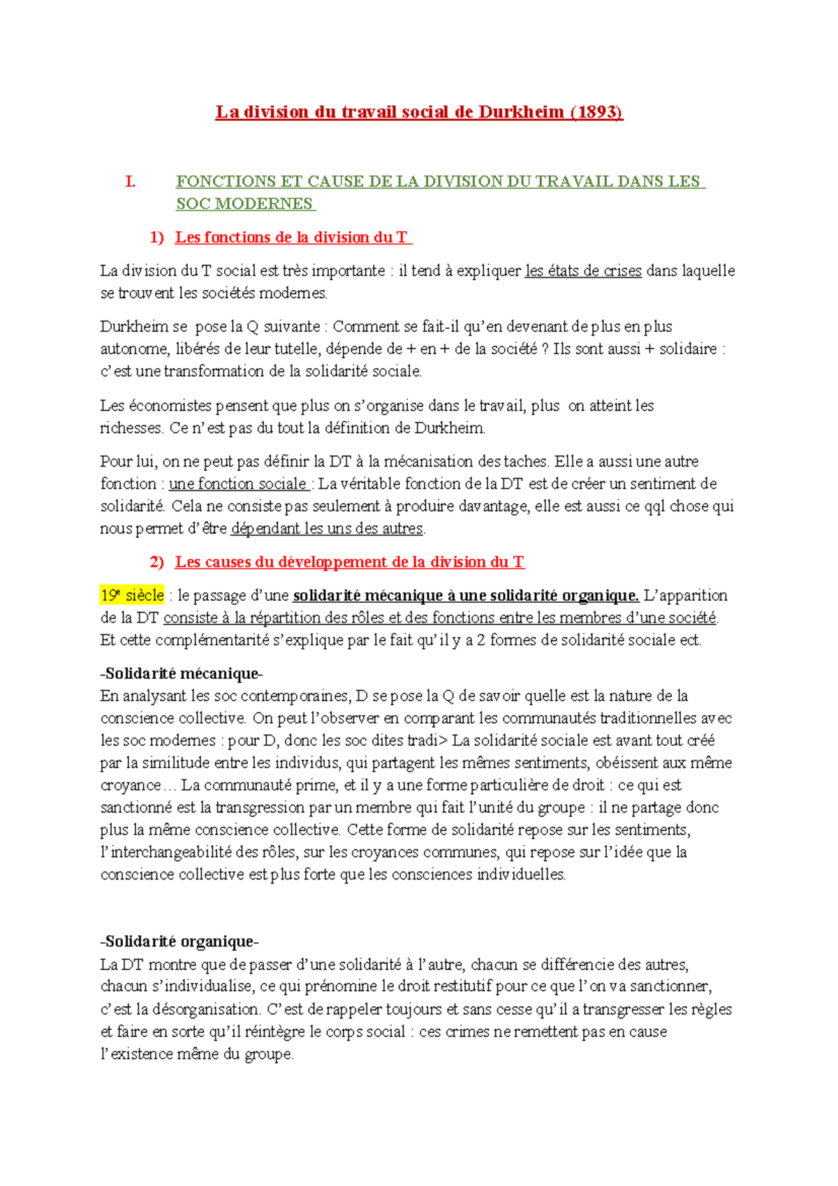 La division du travail social de Durkheim - FONCTIONS ET CAUSE DE LA ...