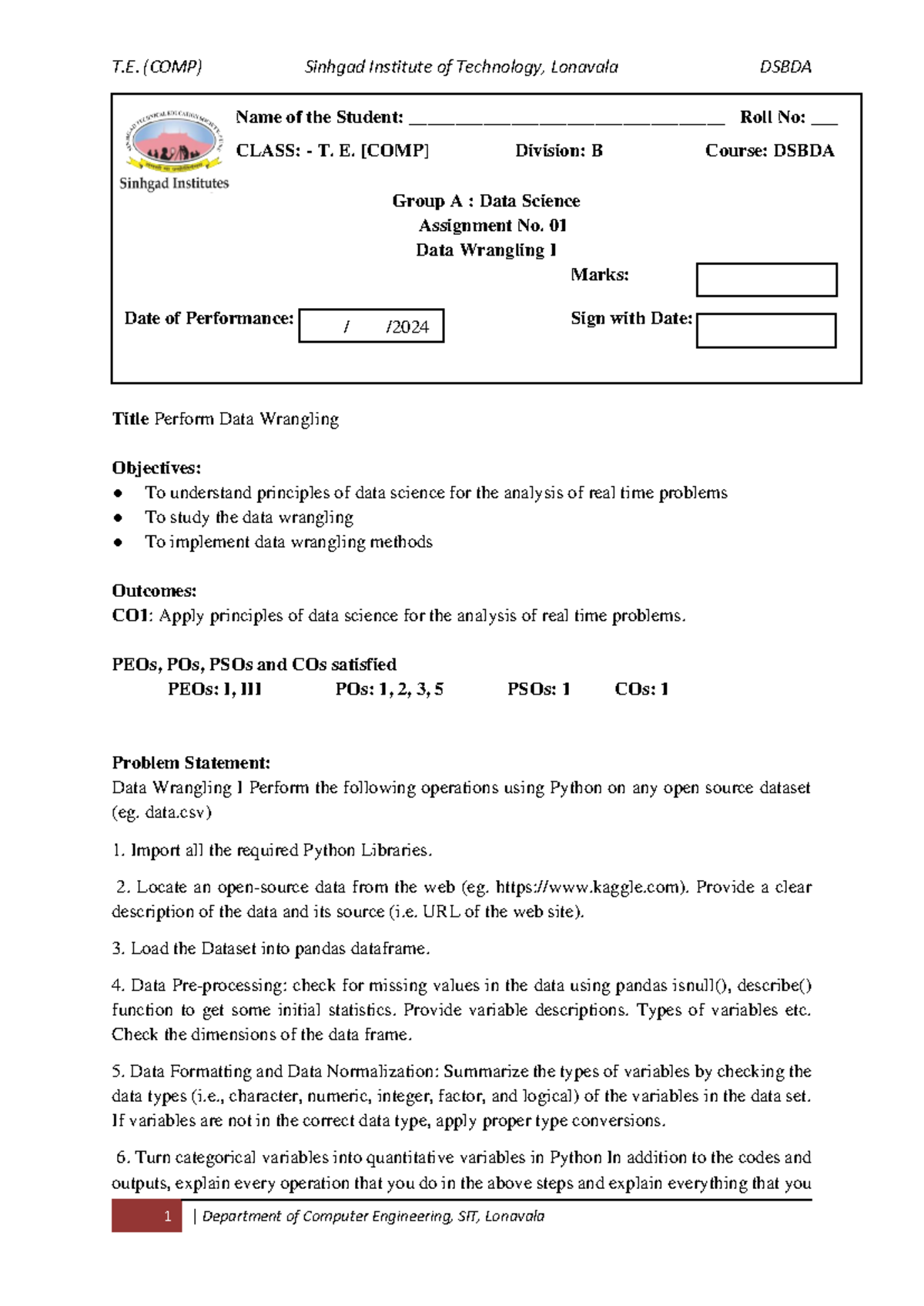 Dsbda Assignment A1 - Title Perform Data Wrangling Objectives: To ...