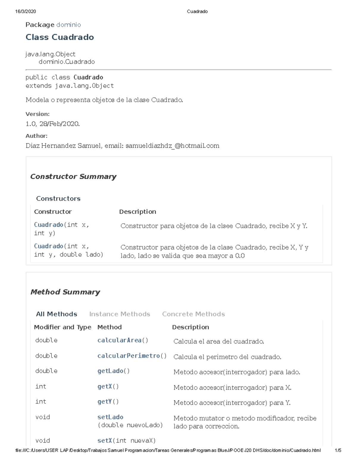 Cuadrado - Package dominio Class Cuadrado java.lang dominio public ...