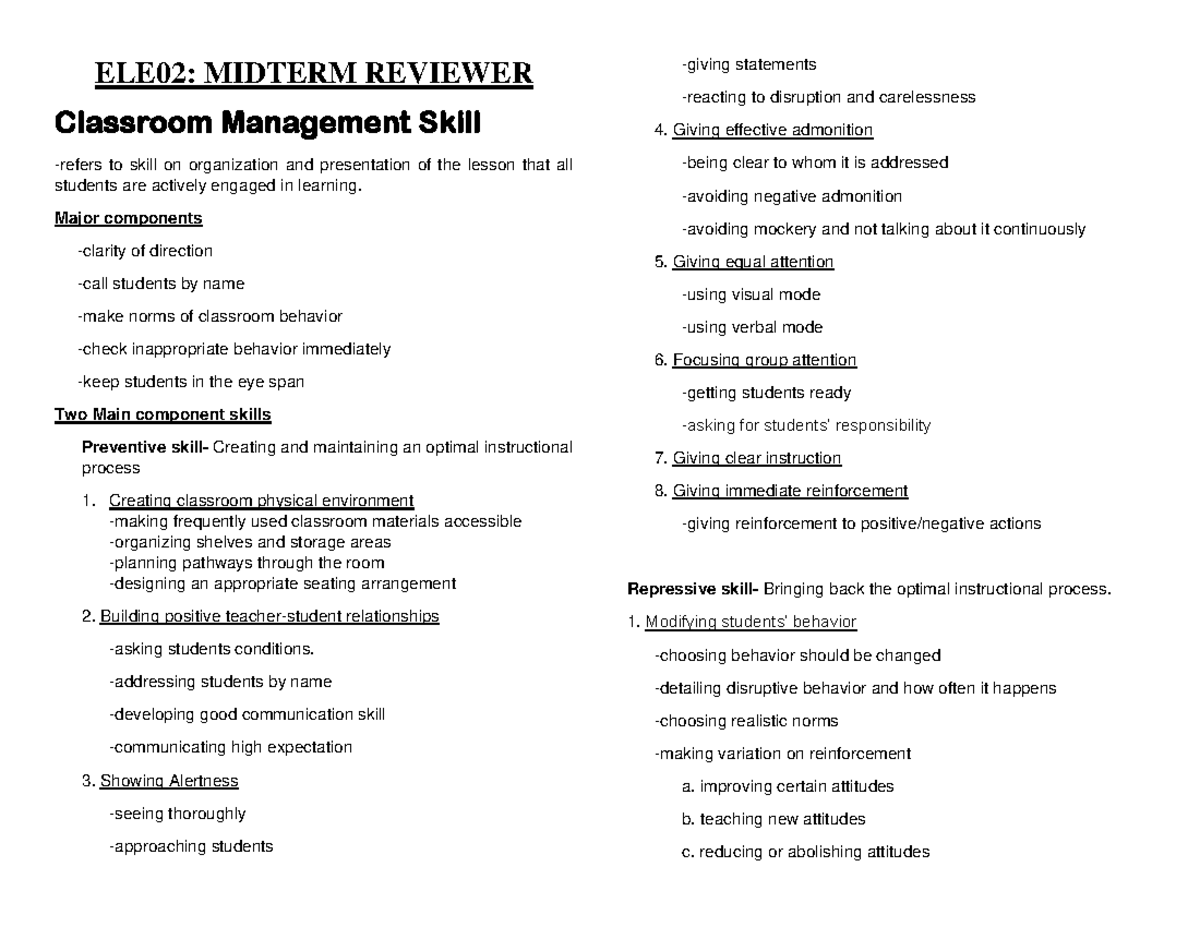 ELE02 Midterm Reviewer - ELE02: MIDTERM REVIEWER Classroom Management ...