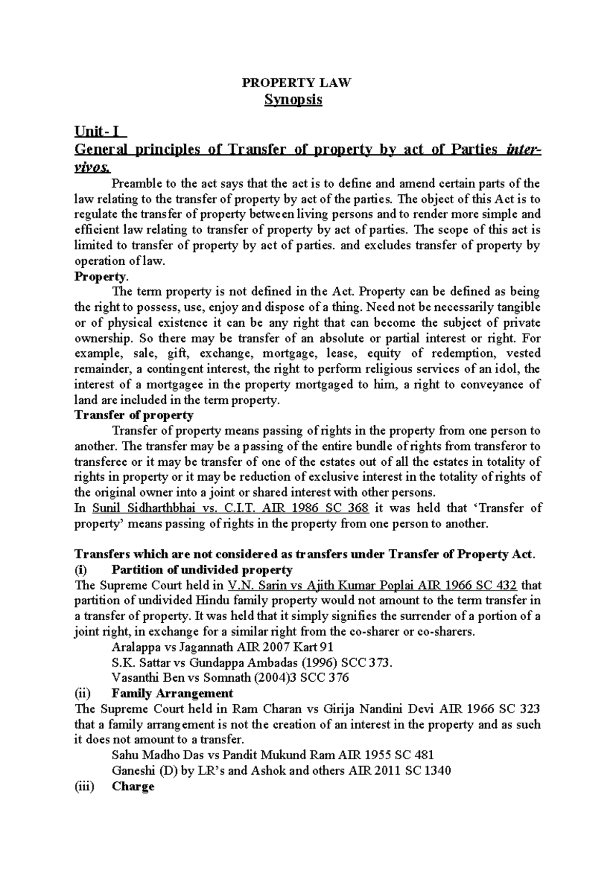 Property Law - Unit I - PROPERTY LAW Synopsis Unit- I General ...