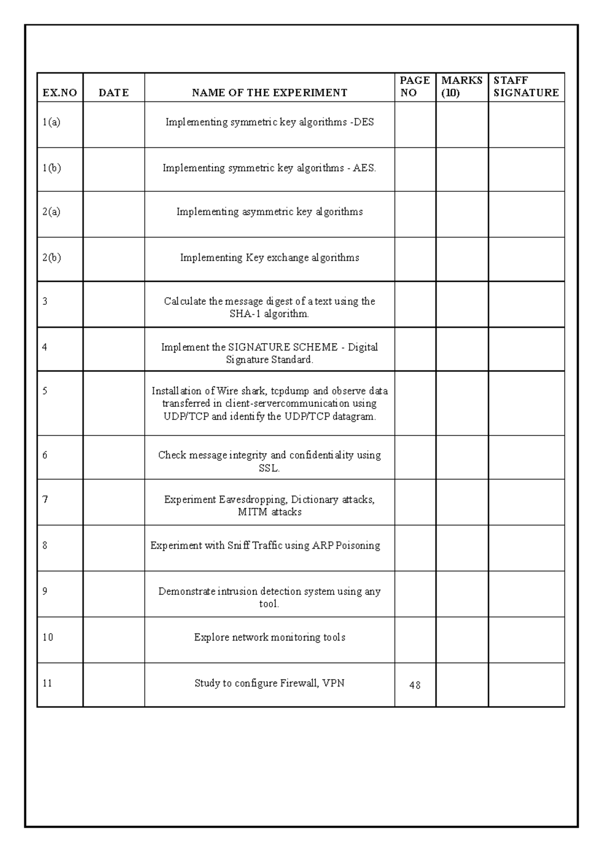 Ns lab - Lab record - EX DATE NAME OF THE EXPERIMENT PAGE NO MARKS (10 ...