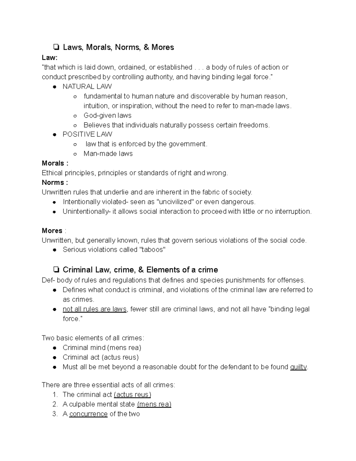 Criminal Law study guide - Laws, Morals, Norms, & Mores Law: “that ...