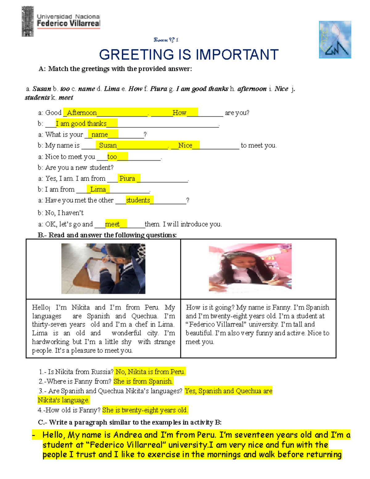 Lesson 1 Homework - Lesson Nº 1 GREETING IS IMPORTANT A: Match the ...