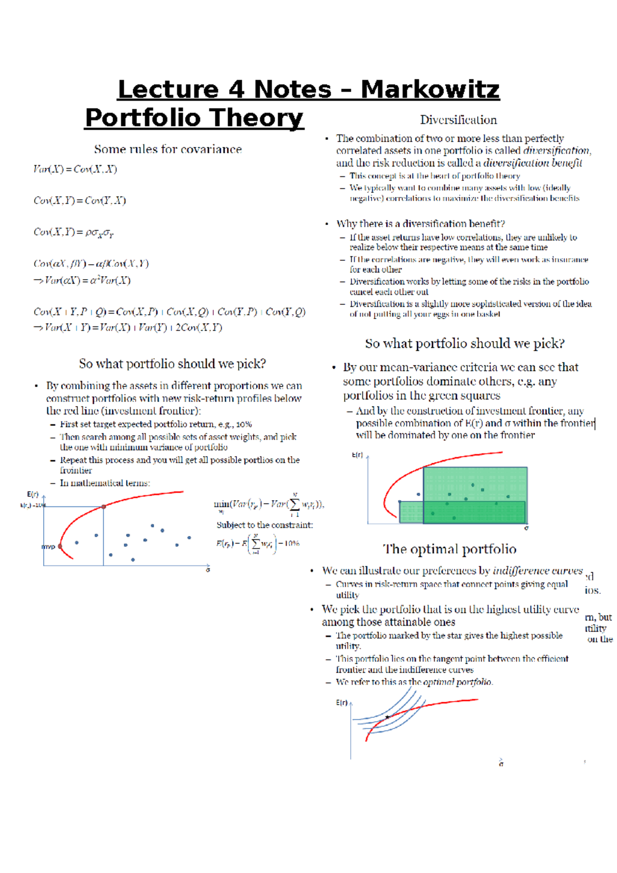 Lecture 4 Notes – Markowitz Portfolio Theory - FINS2624 - Studocu
