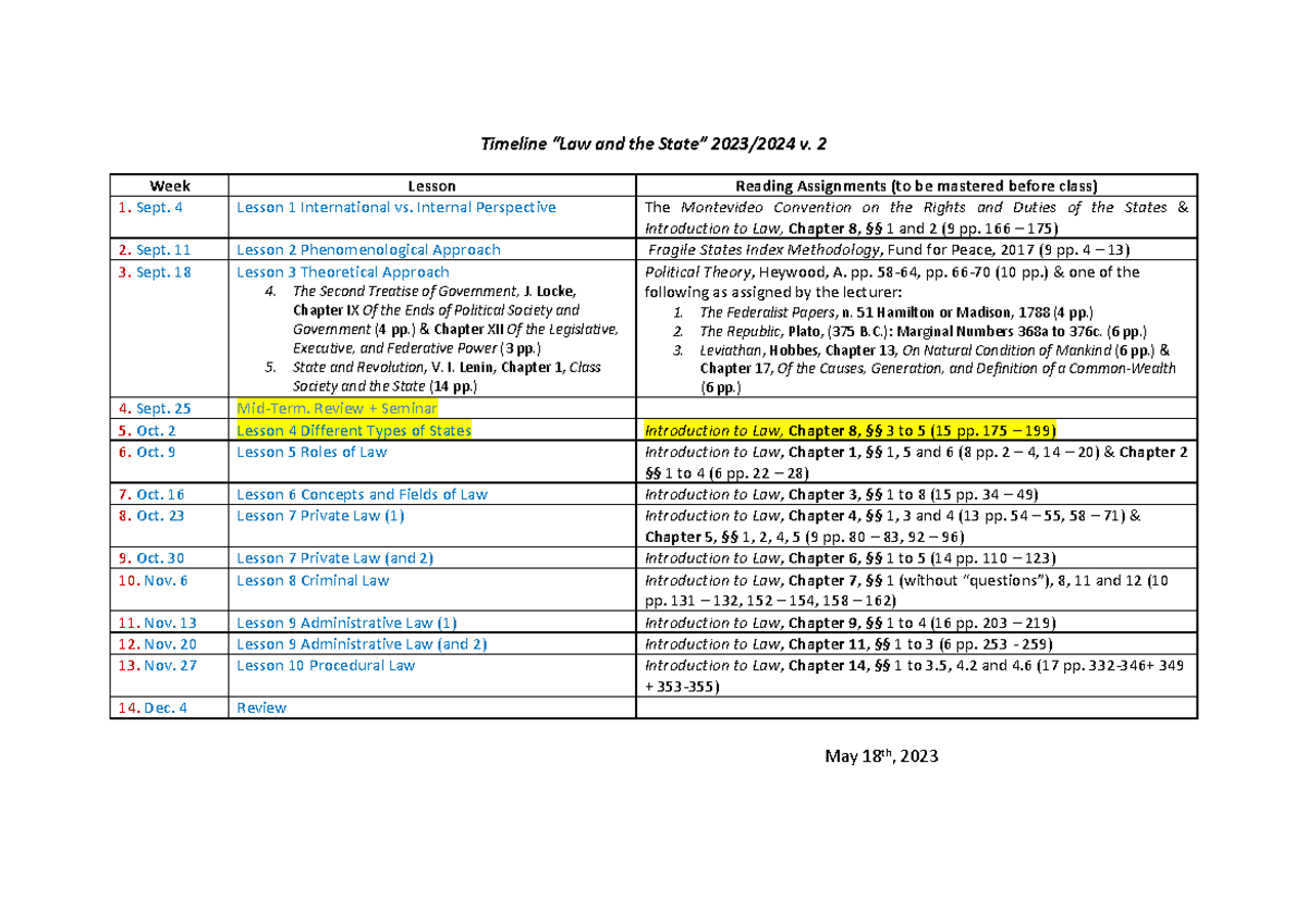 Timeline 2023 2024 v 2 - Timeline “Law and the State” 2023/2024 v. 2 ...