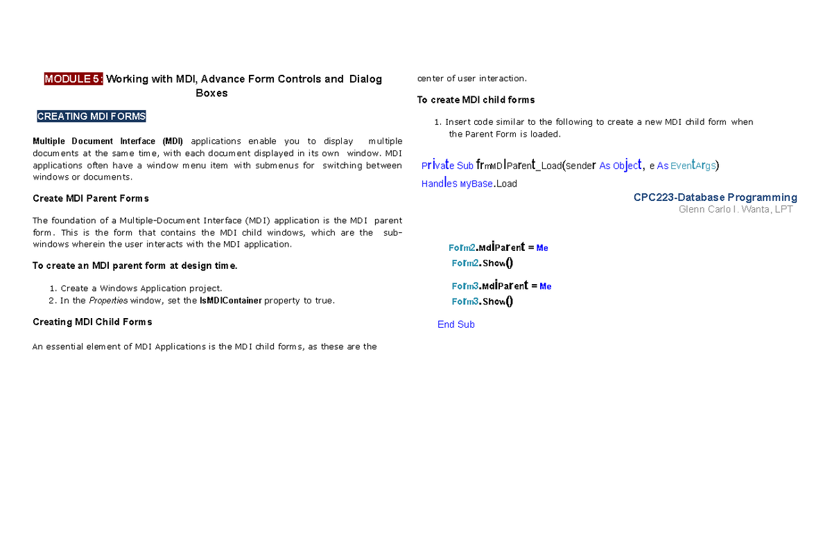Module 5 Cpc 223 Creating Mdi Forms Module 5 Working With Mdi Advance Form Controls And 