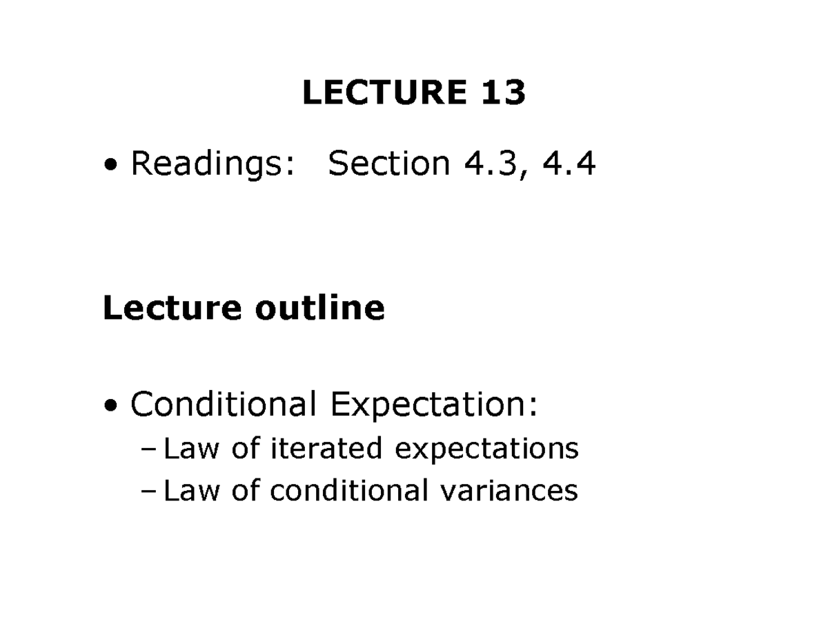 Iterated Expectations Lecture 13 Readings Section 4 4 Lecture