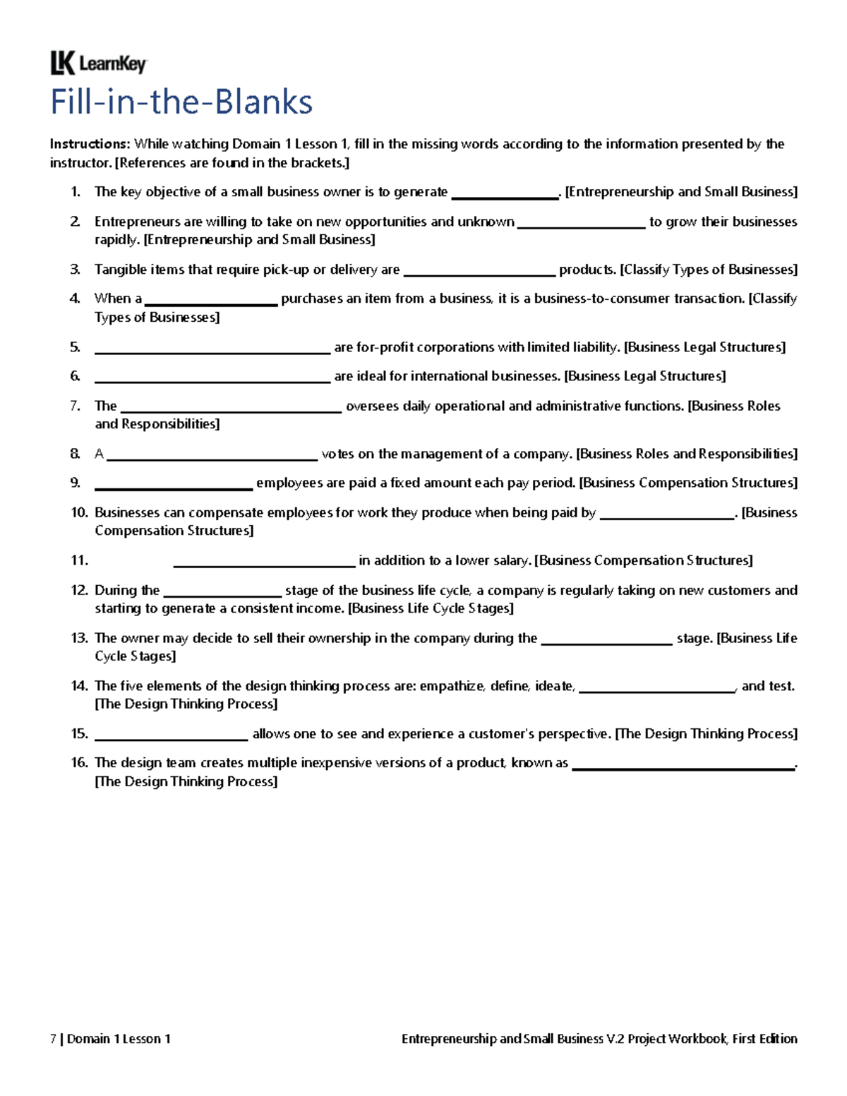 Domain 1 Lesson 1 Fill-in-the-Blanks Small Business Types Legal ...