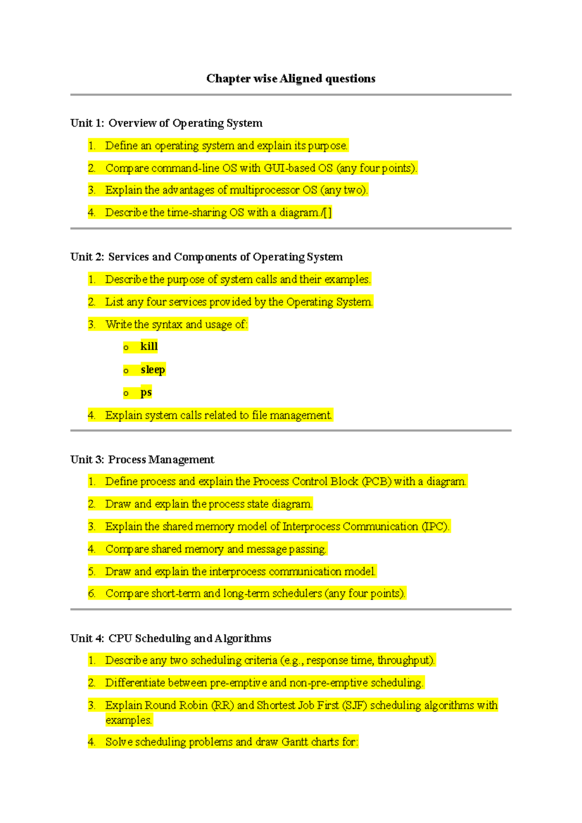Chapter wise Aligned questions OS - Chapter wise Aligned questions Unit ...