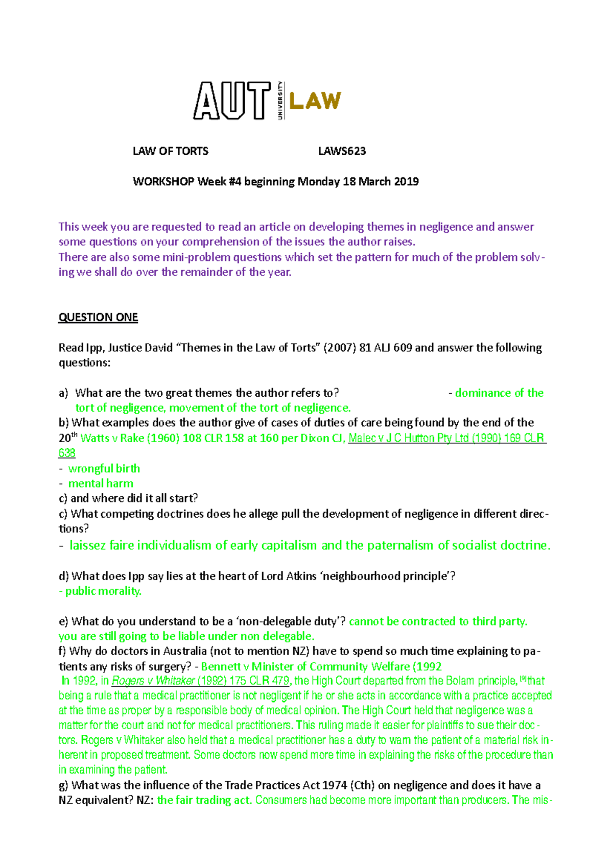 4 Torts 2019 - useful - LAW OF TORTS LAWS WORKSHOP Week #4 beginning Monday 18 March 2019 This ...