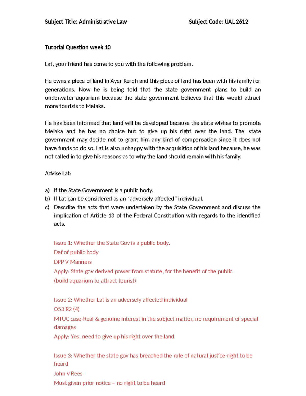 Tutorial week 10 - Subject Title: Administrative Law Subject Code: UAL 2612 Tutorial Question ...