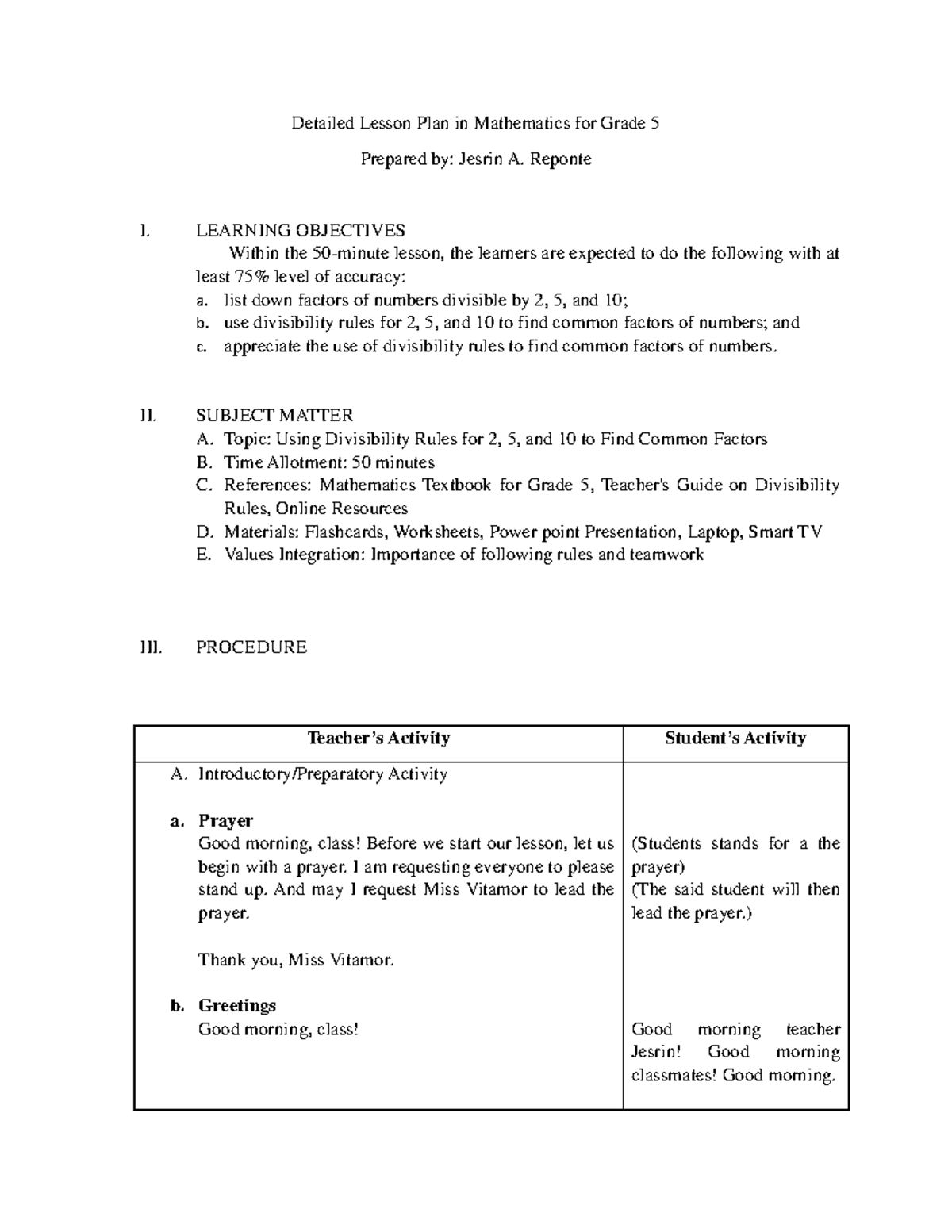 Jesrin Detailed Lesson Plan in Mathematics for Grade 5 - Detailed ...