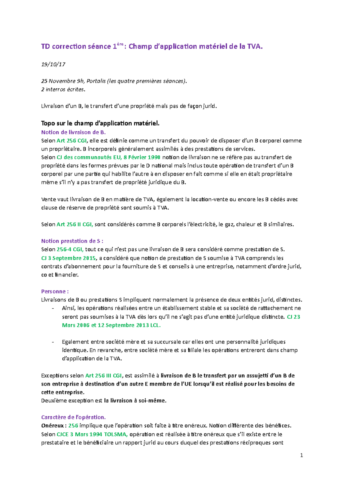 TD correction séance 1ère - 19/10/ 25 Novembre 9h, Portalis (les quatre ...