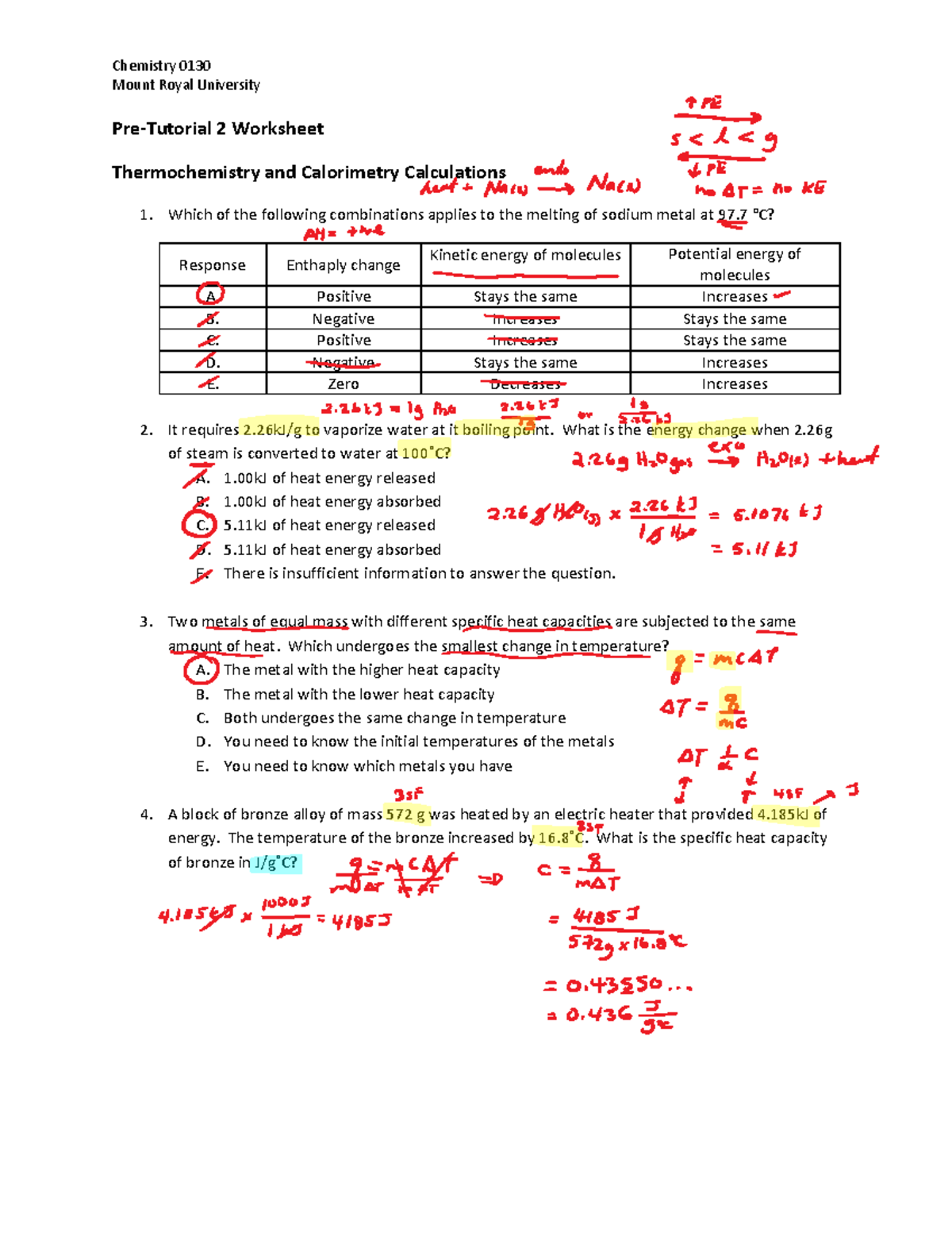 Pre-Tutorial 2 Worksheet Key - Chemistry 0130 Mount Royal University Pre-Tutorial 2 Worksheet ...