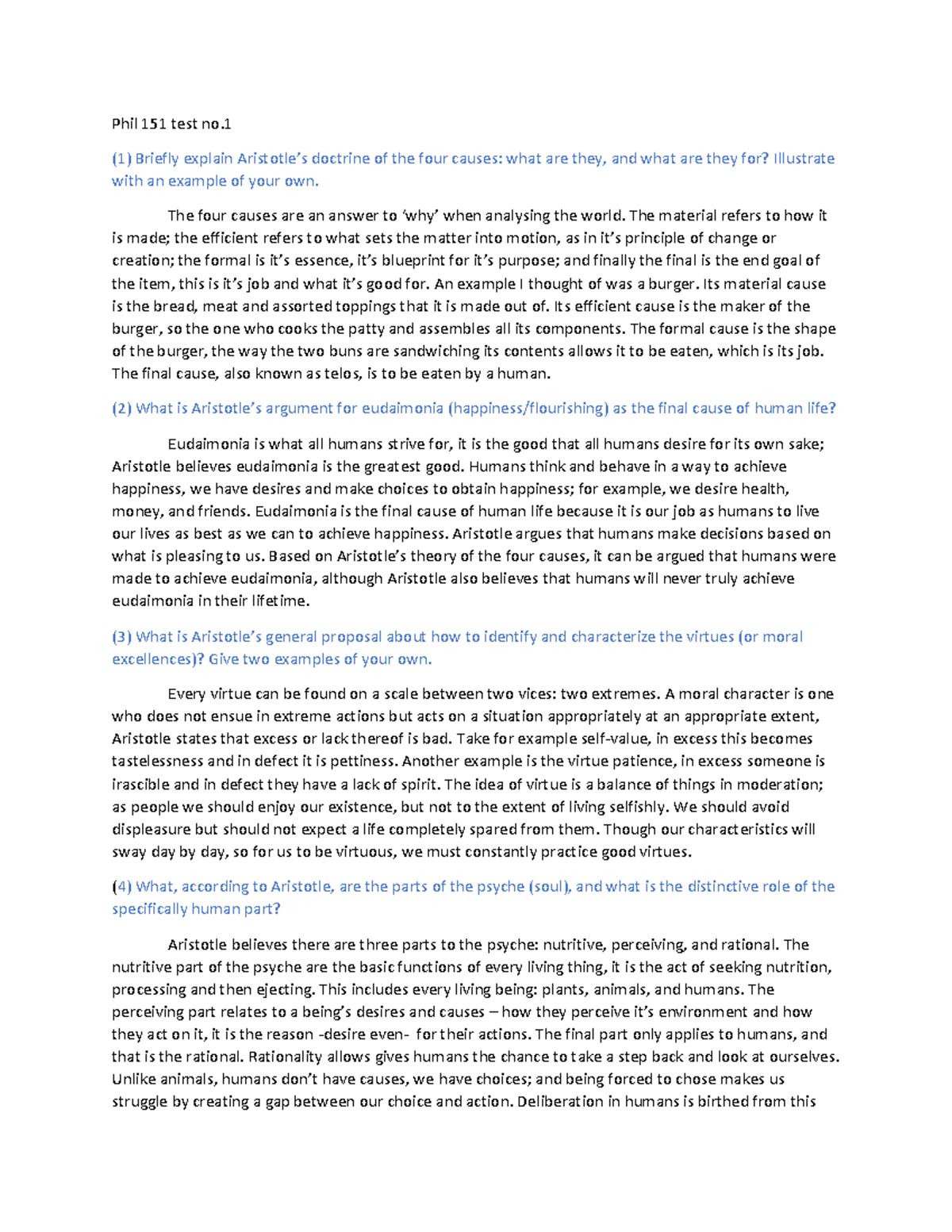 Phil 151 test no.1 - Phil 151 test no. (1) Briefly explain Aristotle’s ...