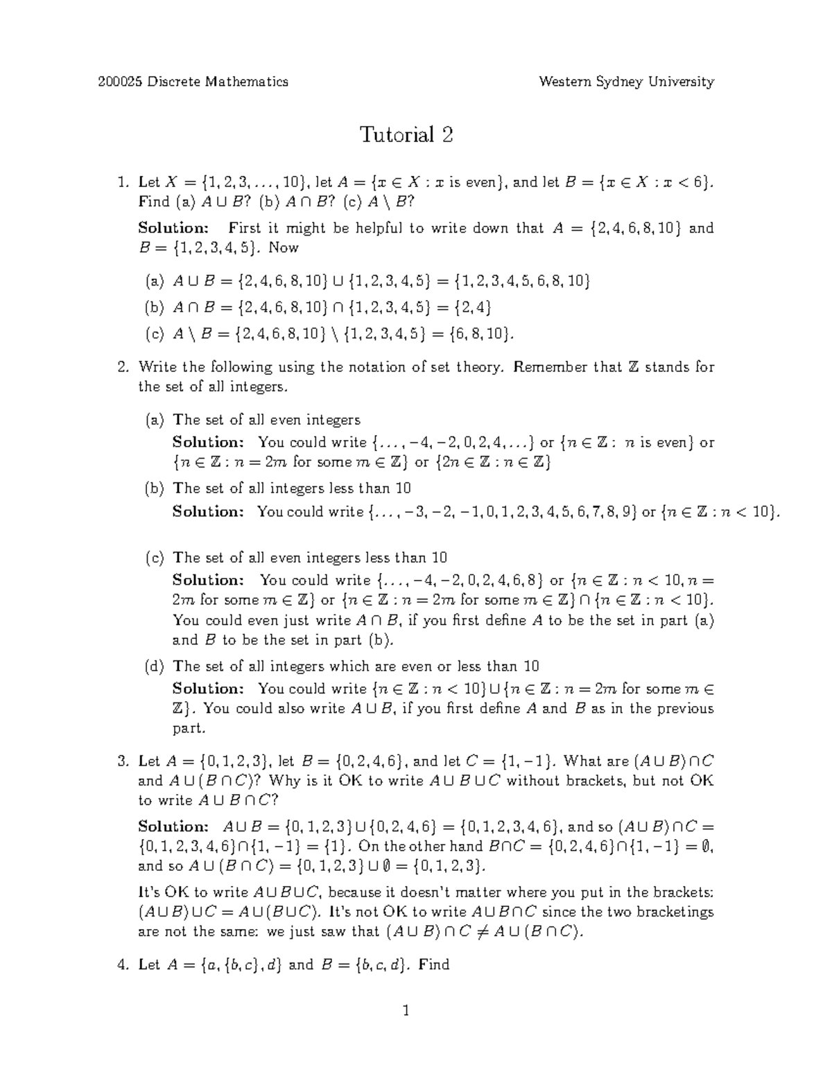 Tutorial 2S - tut 2 - 200025 Discrete Mathematics Western Sydney ...