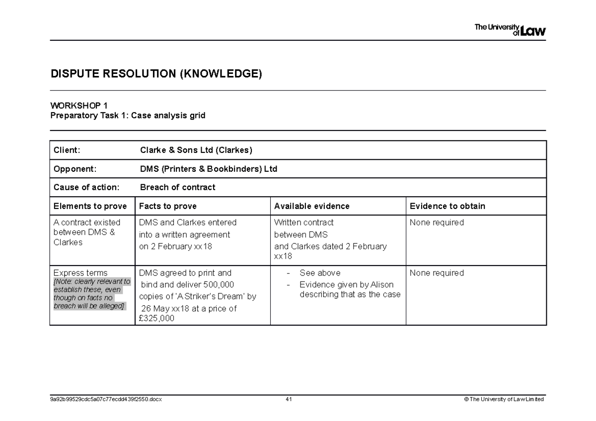 Dispute Resolution WS1 Case Analysis Grid - Studocu