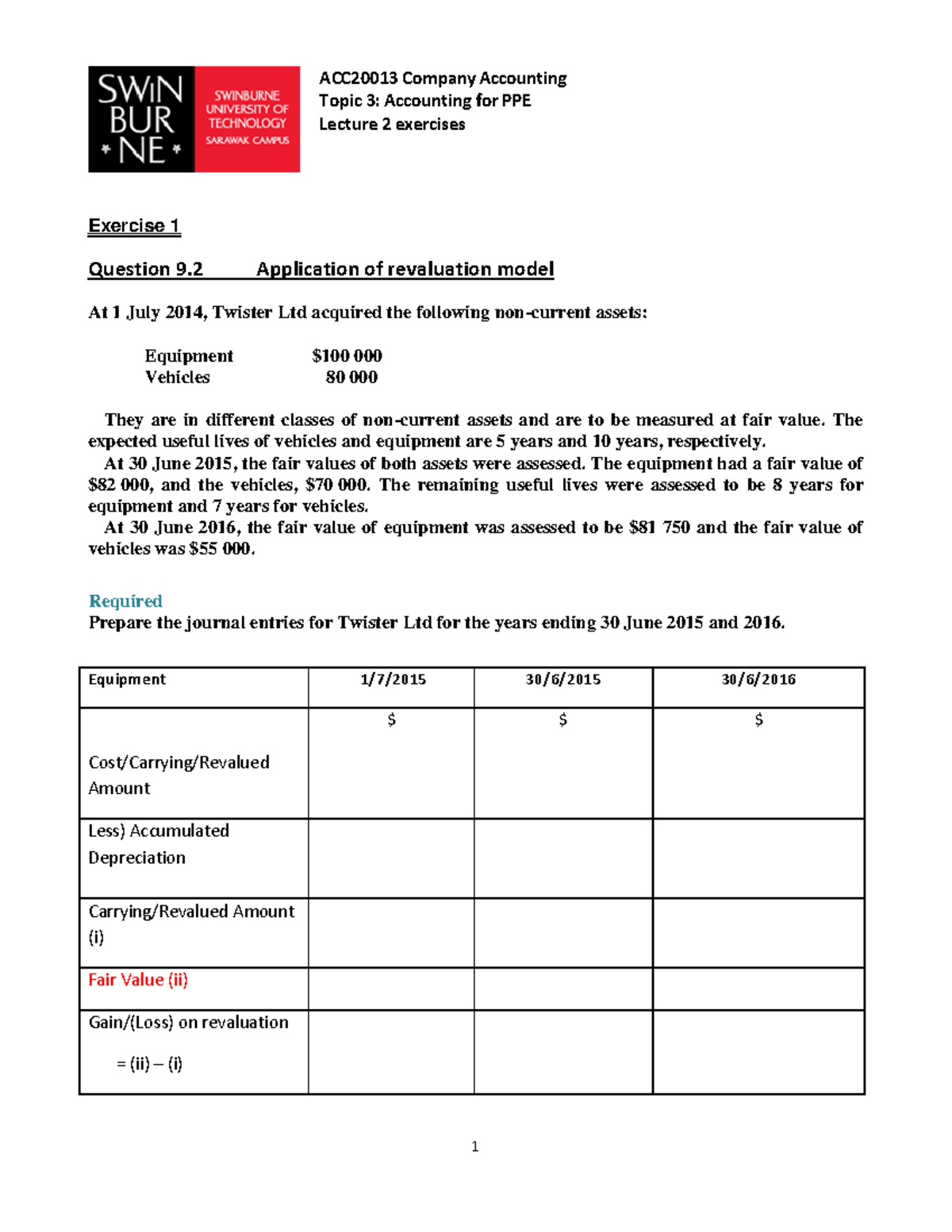 lecture exercise 2 - ACC20013 Company Accounting Topic 3 : Accounting for PPE Lecture 2 ...