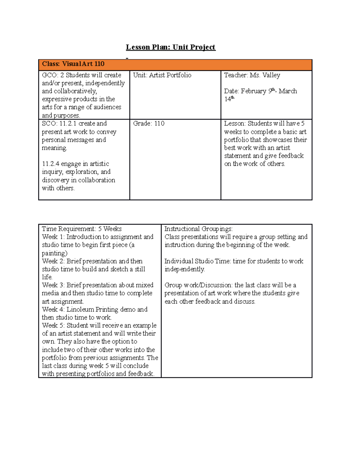 Erin Valley-Designing a Unit- Visual Artist Portfolio - Lesson Plan ...