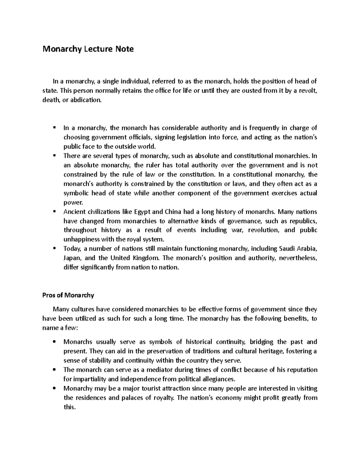 Lecture Notes - Monarchy - Monarchy Lecture Note In a monarchy, a ...
