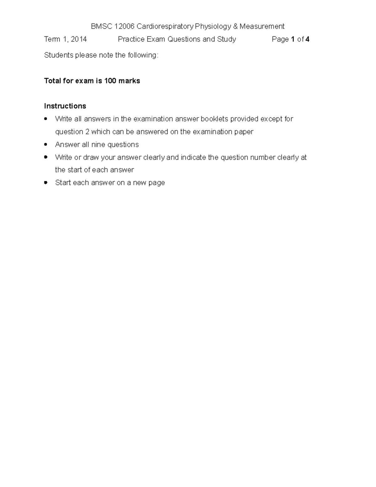 Sample practice Exam 2014 Questions Term 1 2014 Practice Exam