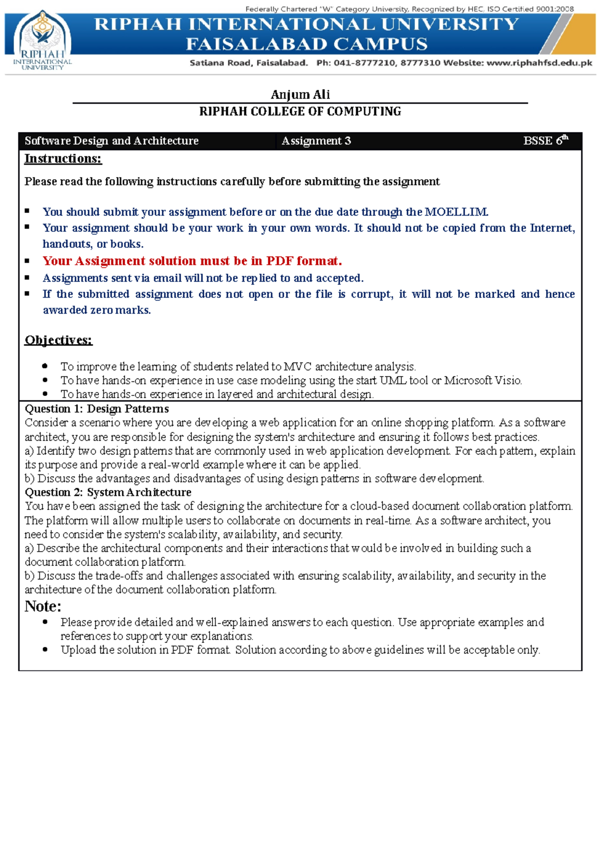 Assignment 3 SDA - Anjum Ali RIPHAH COLLEGE OF COMPUTING Software Design and Architecture ...
