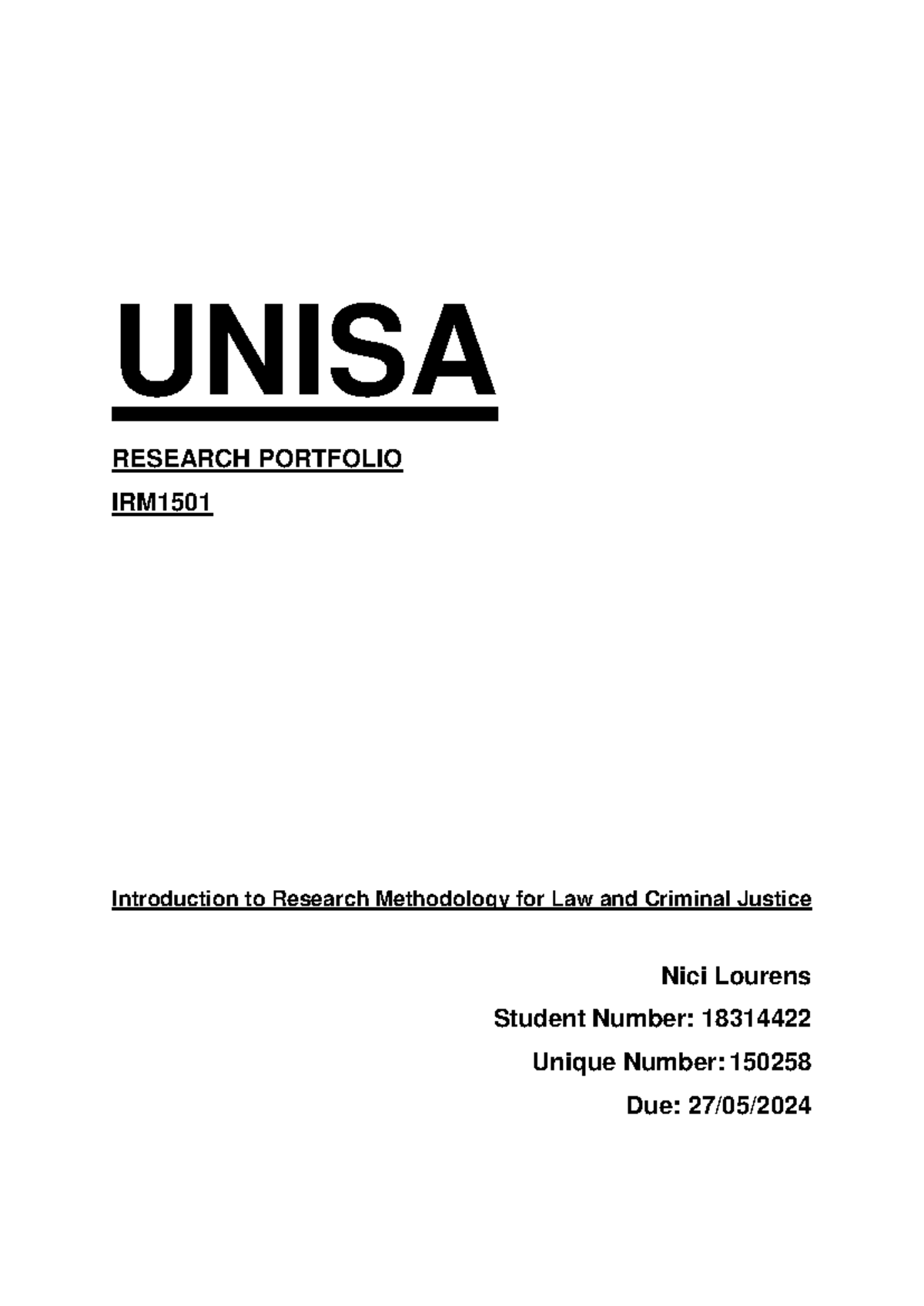 Nici Lourens 18314422 Final Portfolio - UNISA RESEARCH PORTFOLIO IRM ...