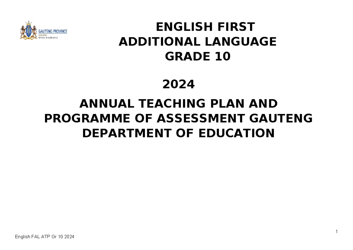 EFAL ATP GR 10 Gauteng 2024 - ENGLISH FIRST ADDITIONAL LANGUAGE GRADE ...