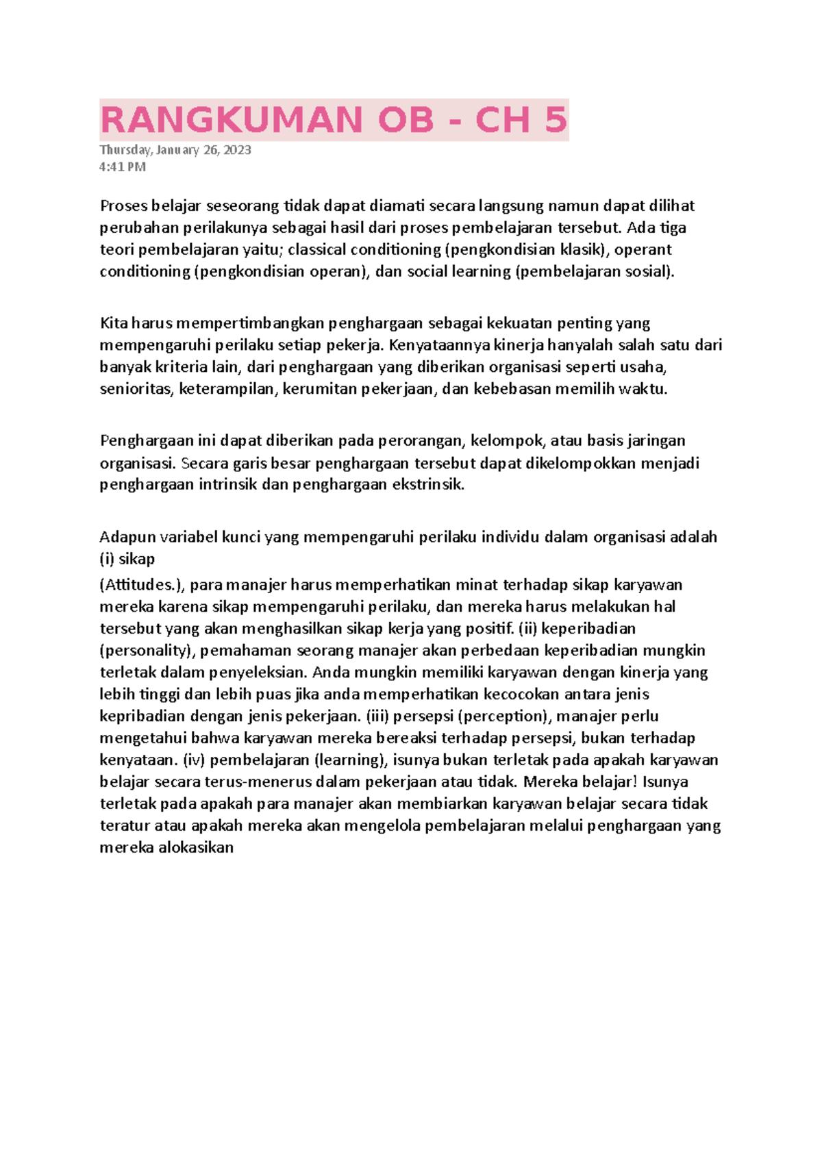 Rangkuman OB - CH 5 - RANGKUMAN OB - CH 5 Thursday, January 26, 2023 4:41 PM Proses belajar ...