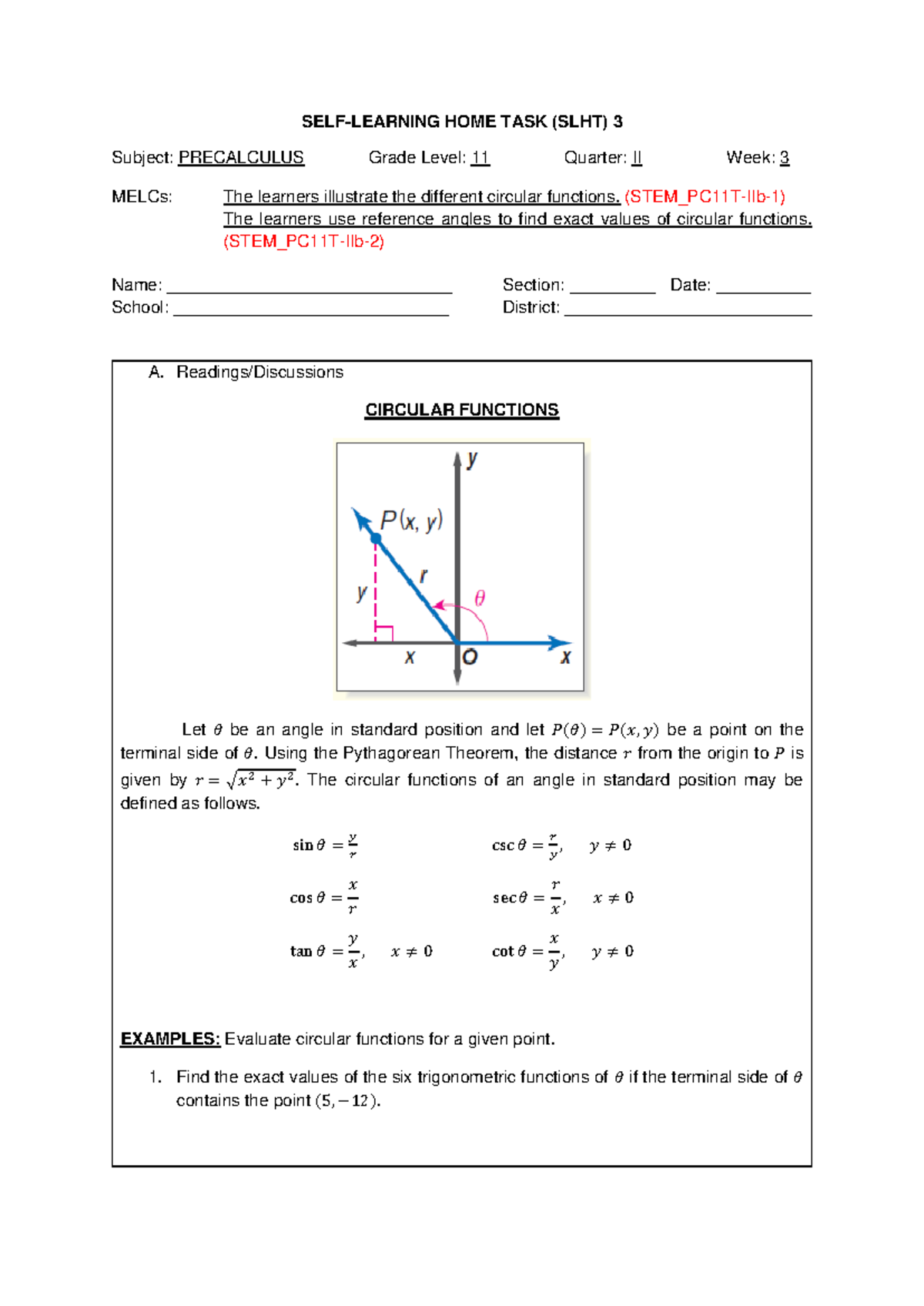 Precalculus 11 q2 slht3 circularfunctions v1 - SELF-LEARNING HOME TASK ...