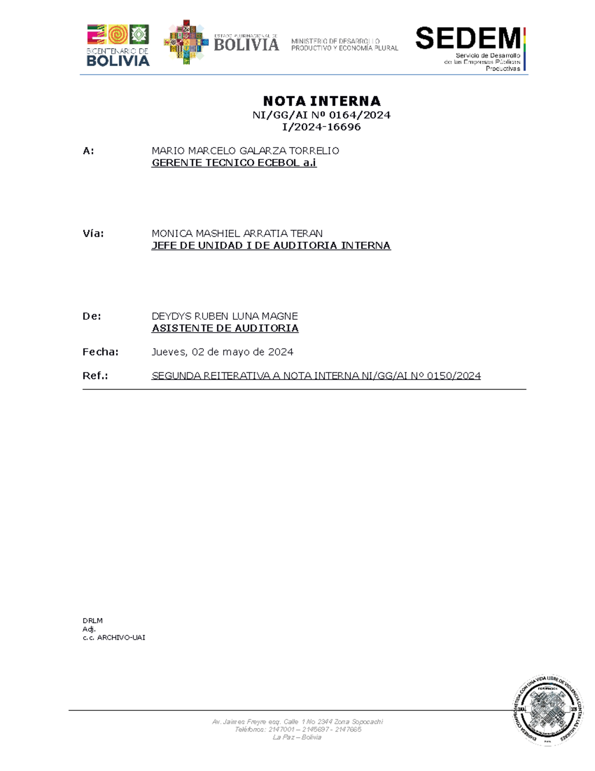 Doc1714692620 - NOTA INTERNA NI/GG/AI Nº 0164/ I/2024- A: MARIO MARCELO ...