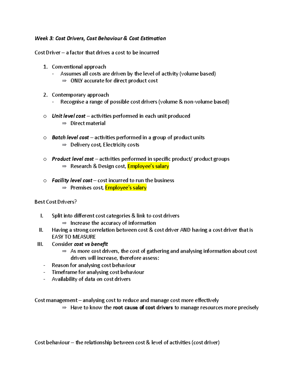 ACF2200 Week 3 Note - ACF 2400 Week 3 Lecture Note - Week 3: Cost Drivers, Cost Behaviour & Cost ...