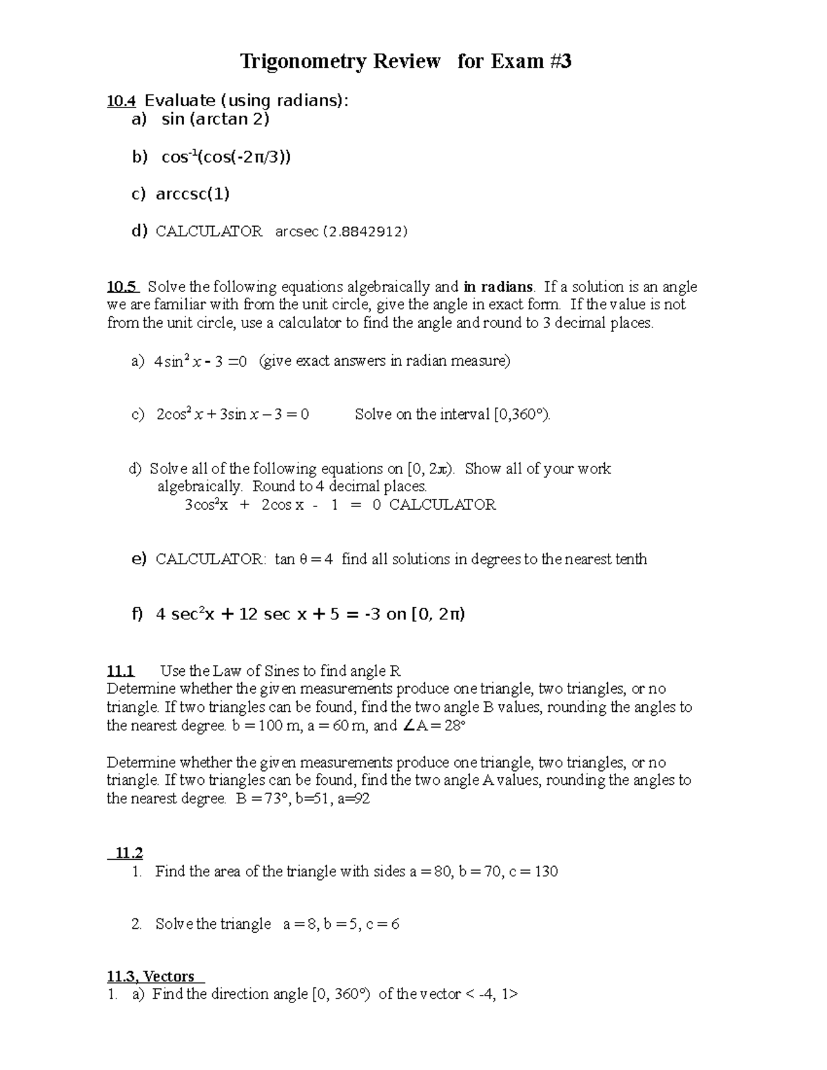 Review 10.4 to 11 - Math - Trigonometry Review for Exam 10 Evaluate ...