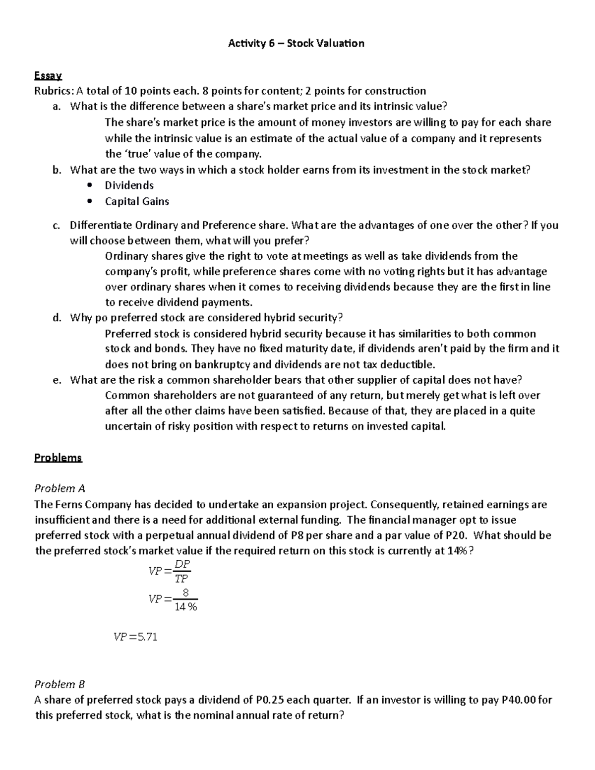 Labayne Assignment 6 - finmar - Acivity 6 – Stock Valuaion Essay ...