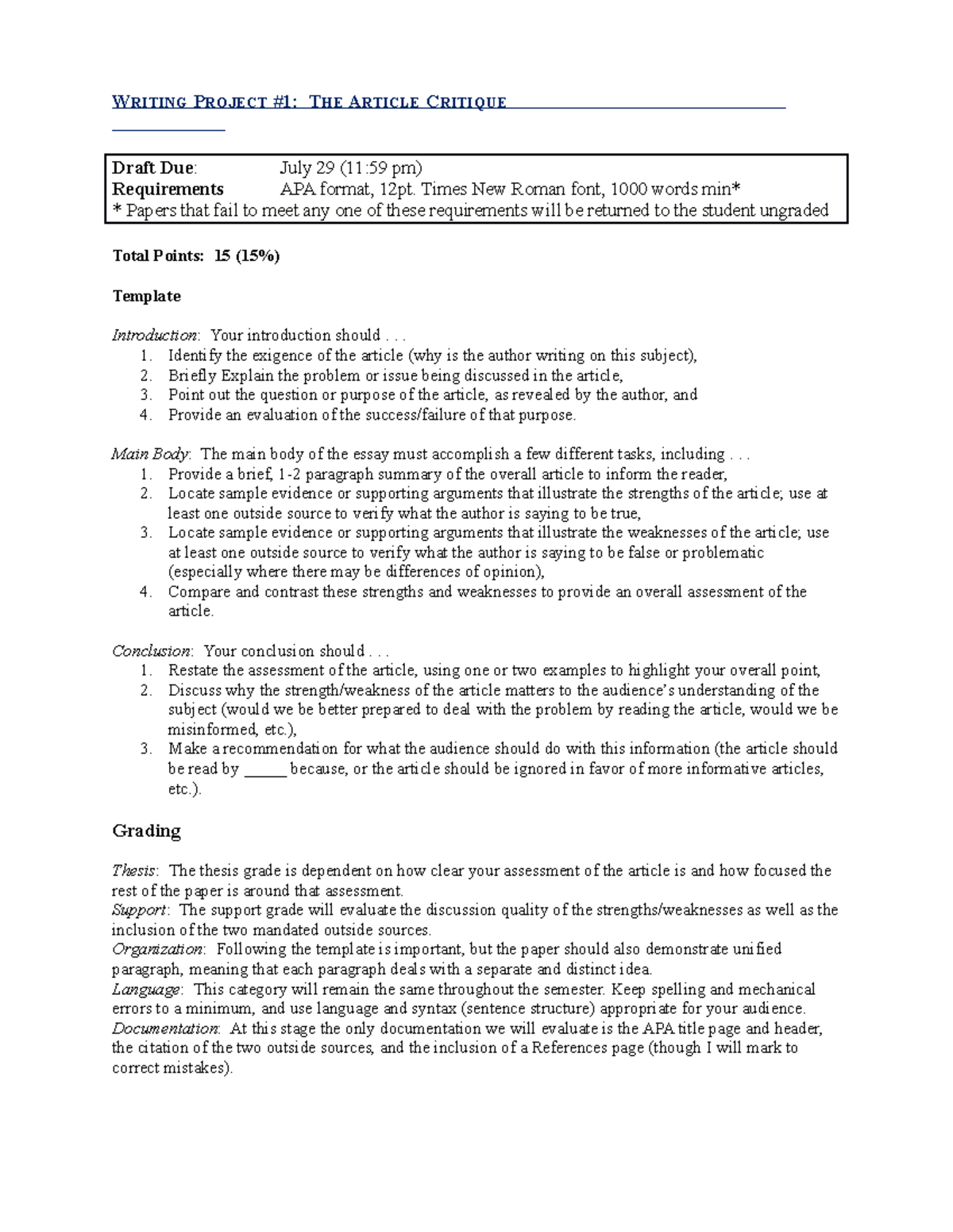 Writing Project #1- The Article Critique - WRITING PROJECT #1: THE ...