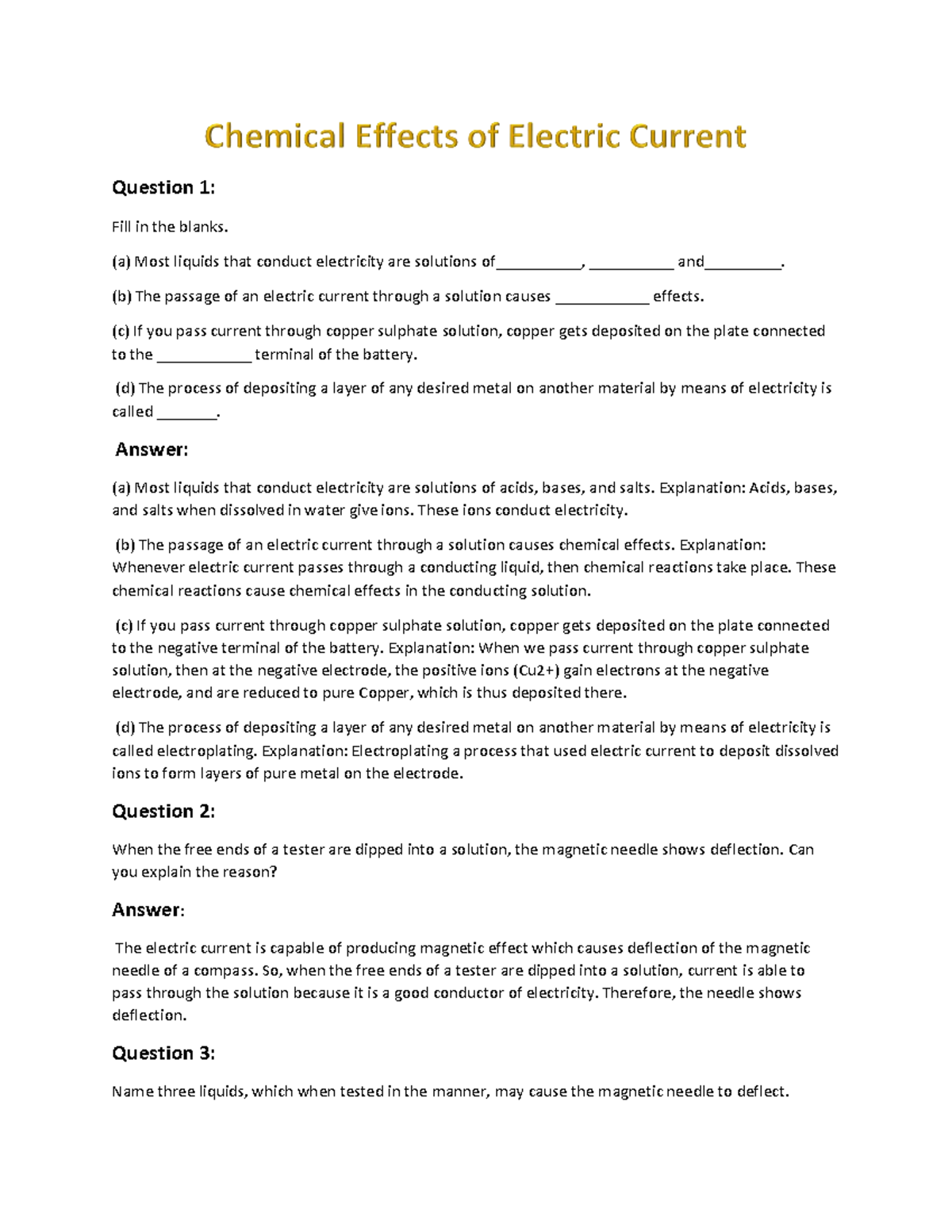 Chemical Effects of Electric Current - Question 1: Fill in the blanks ...