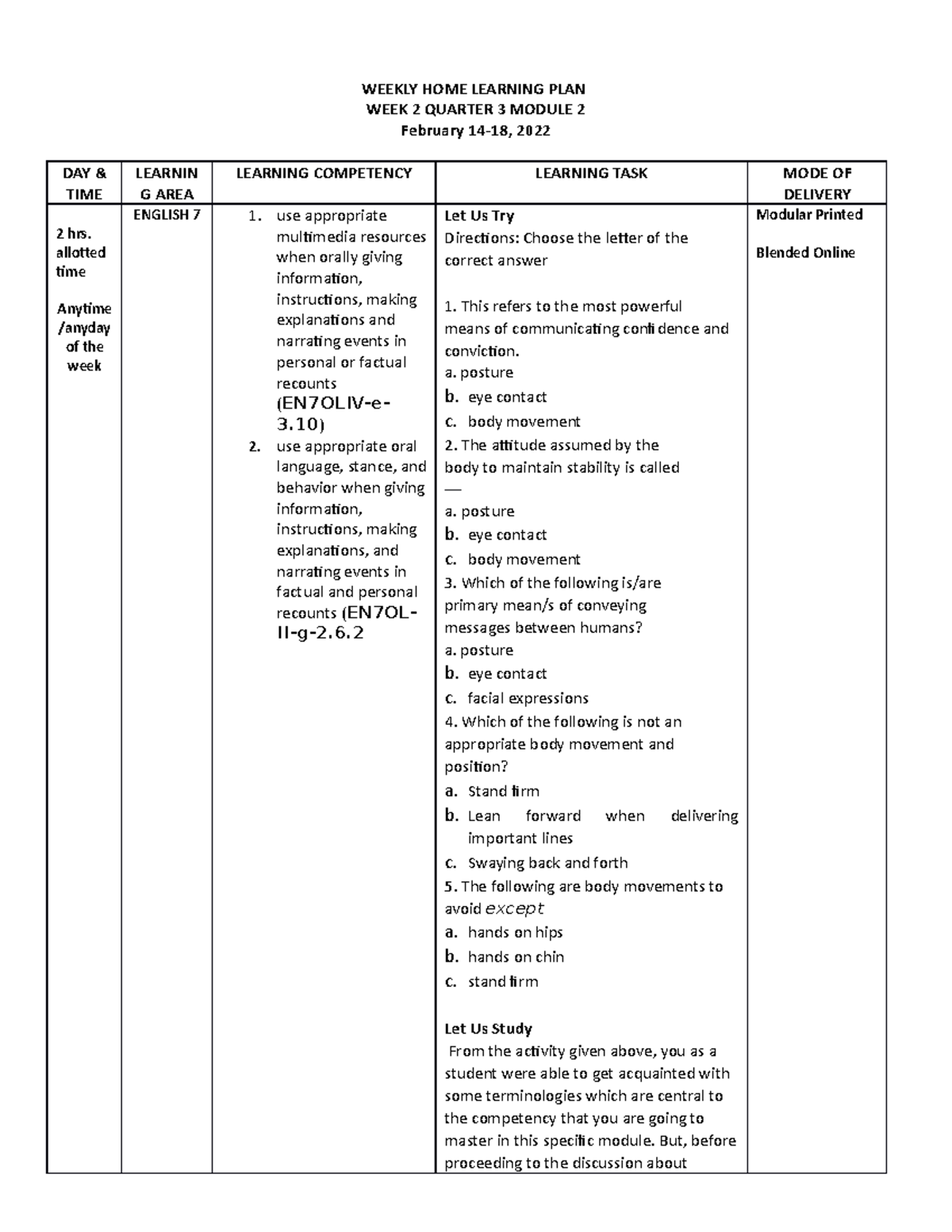 Whlp Q3 Week2 Daily Lesson Log That May Help You Make Lessons In