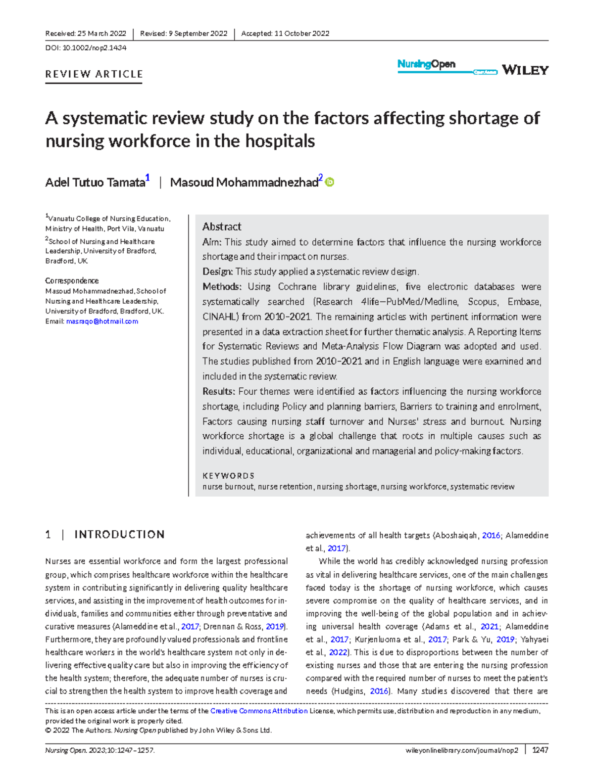 A systematic review study on t - Nursing Open. 2023;10:1247–1257 ...